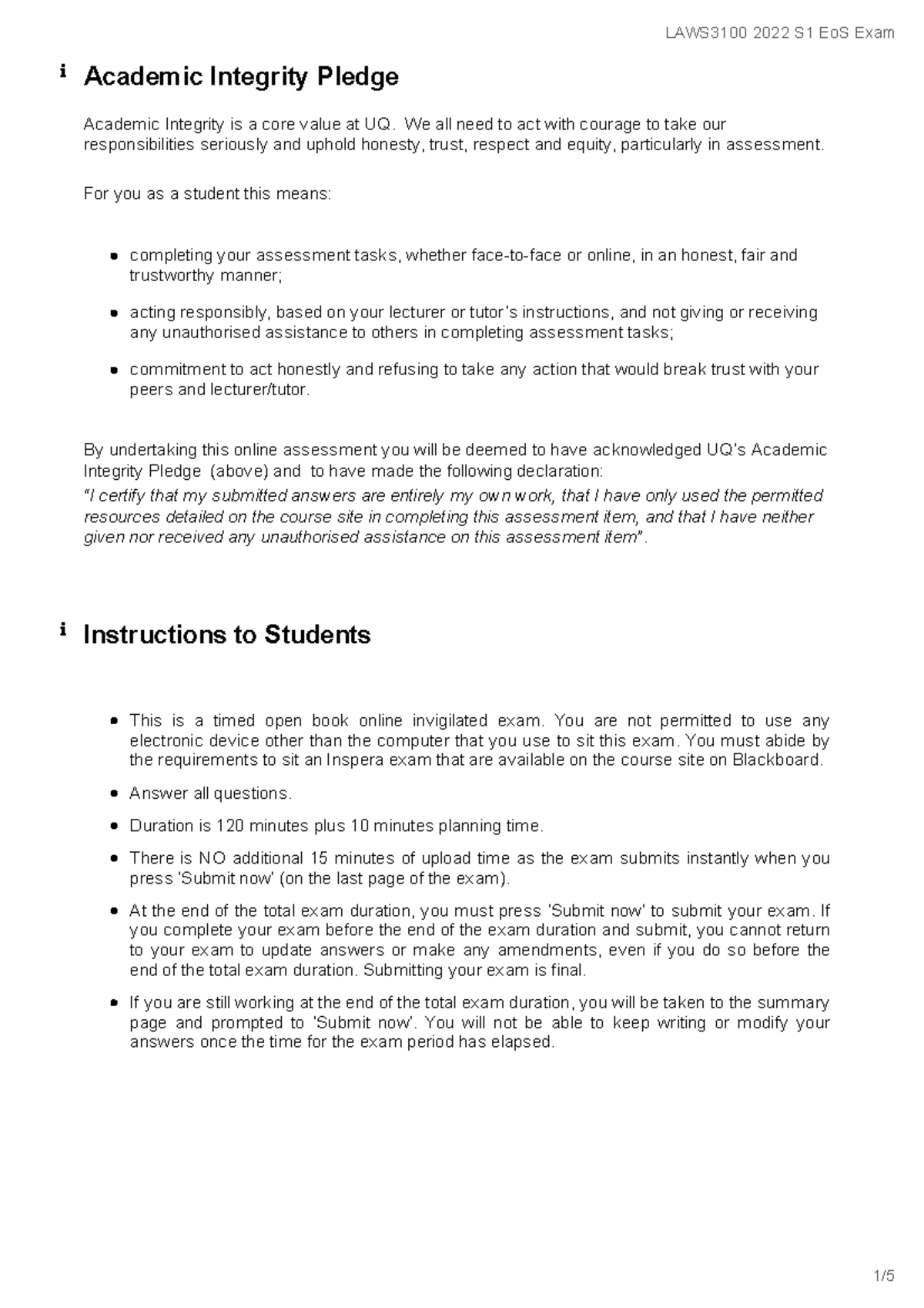 Semester One Final Examinations 2022 LAWS3100 - Academic Integrity ...
