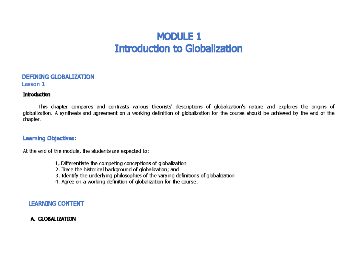Module-1 Introduction-to-Globalizaton - MODULE 1 Introduction to Globalization Introduction This ...