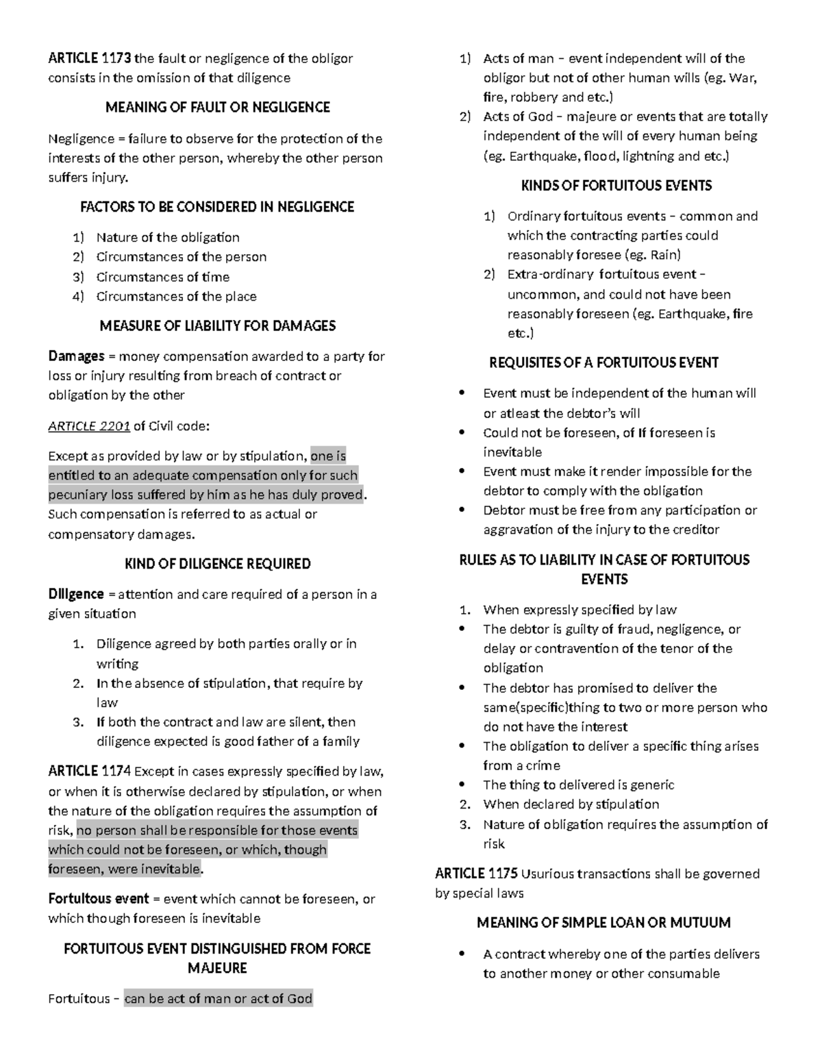 Article 1173-1185 - oblicon - ARTICLE 1173 the fault or negligence of ...