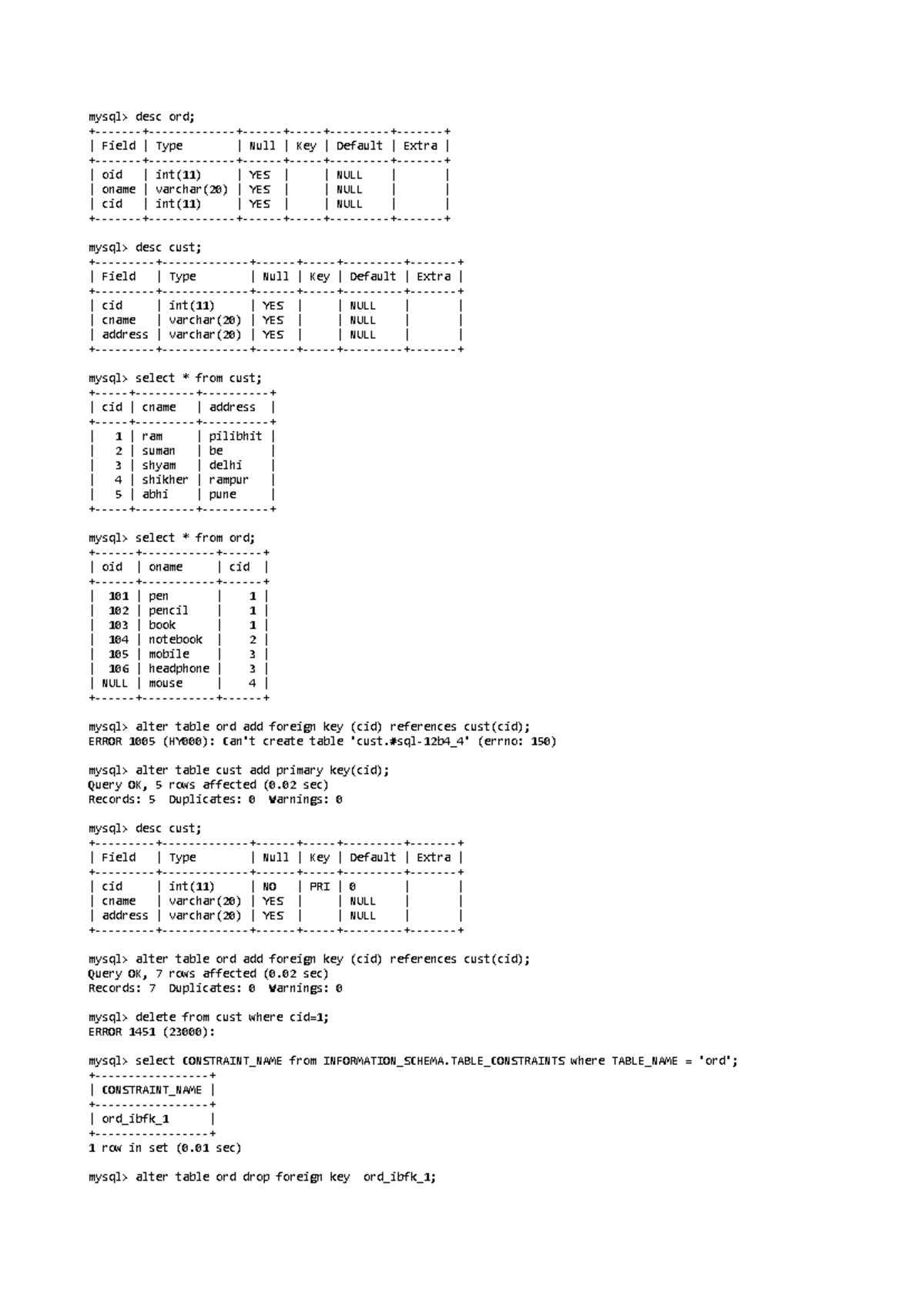 Foreign Key Sql 12b44 Errno 150 Mysql Alter Table Cust Add Primary Keycid Query Ok