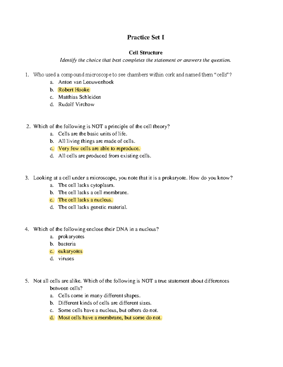 New Biology Test Cell Structure - Practice Set I Cell Structure ...