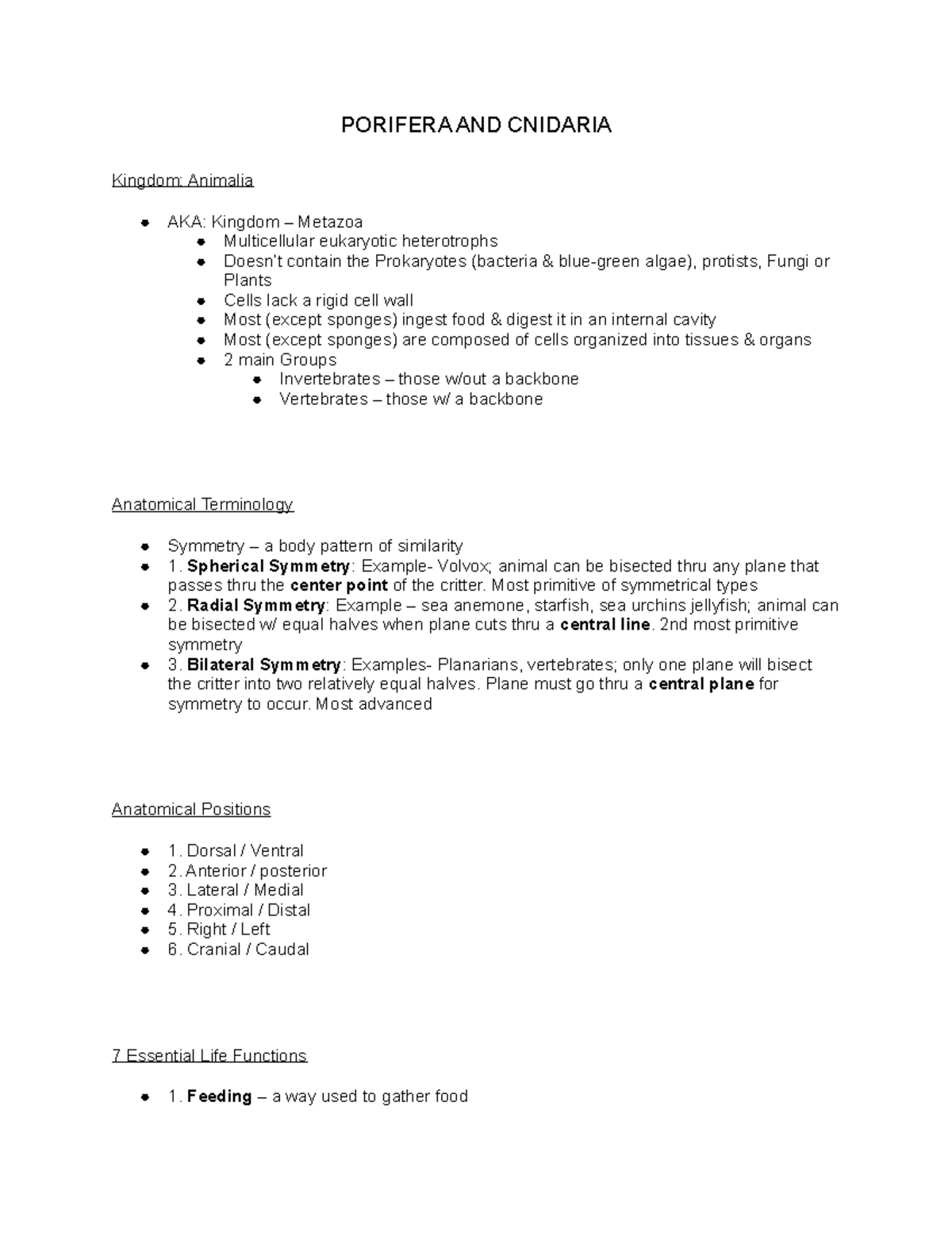 Life Science Notes 10 Part 1 Porifera and Cnidaria - PORIFERA AND ...
