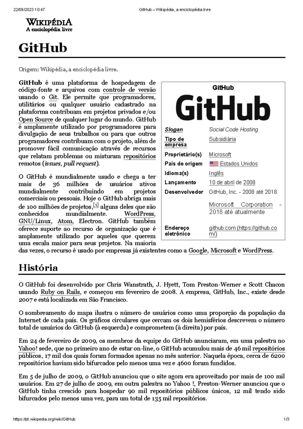 Resumo sobre GitHub - 22/09/2023 10:47 GitHub – Wikipédia, a enciclopédia livre - Studocu