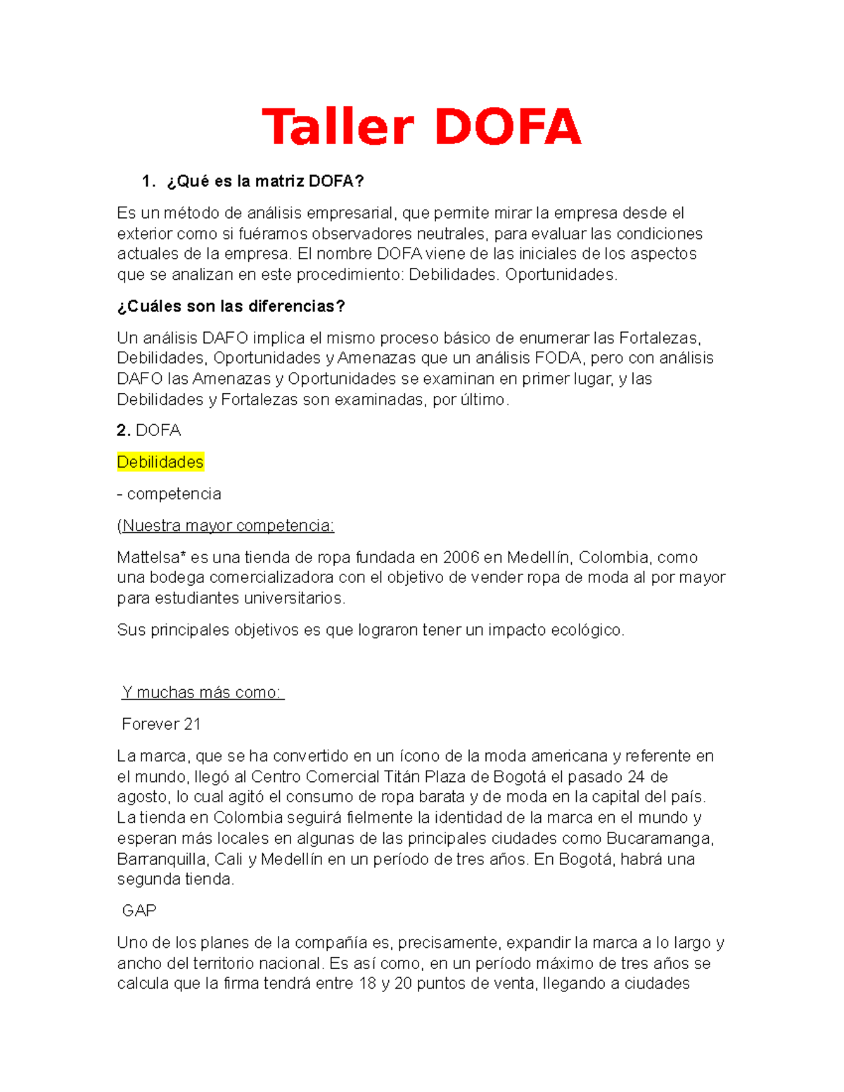Taller DOFA - Identificación de segmento - Taller DOFA ¿Qué es la ...