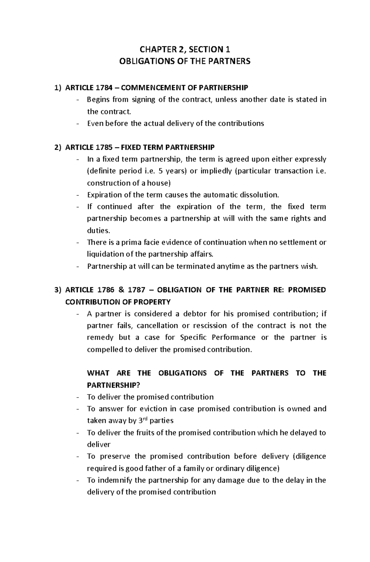 Discussions on Chapter 2 Section 1 - CHAPTER 2, SECTION 1 OBLIGATIONS OF THE PARTNERS 1) ARTICLE ...
