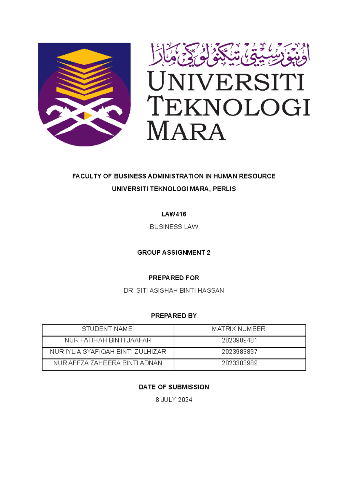 LAW416-Group Assigmnet-Nur Fatihah, Nur Ilya & Nur Affza- Rbmha (e-PJJ ...