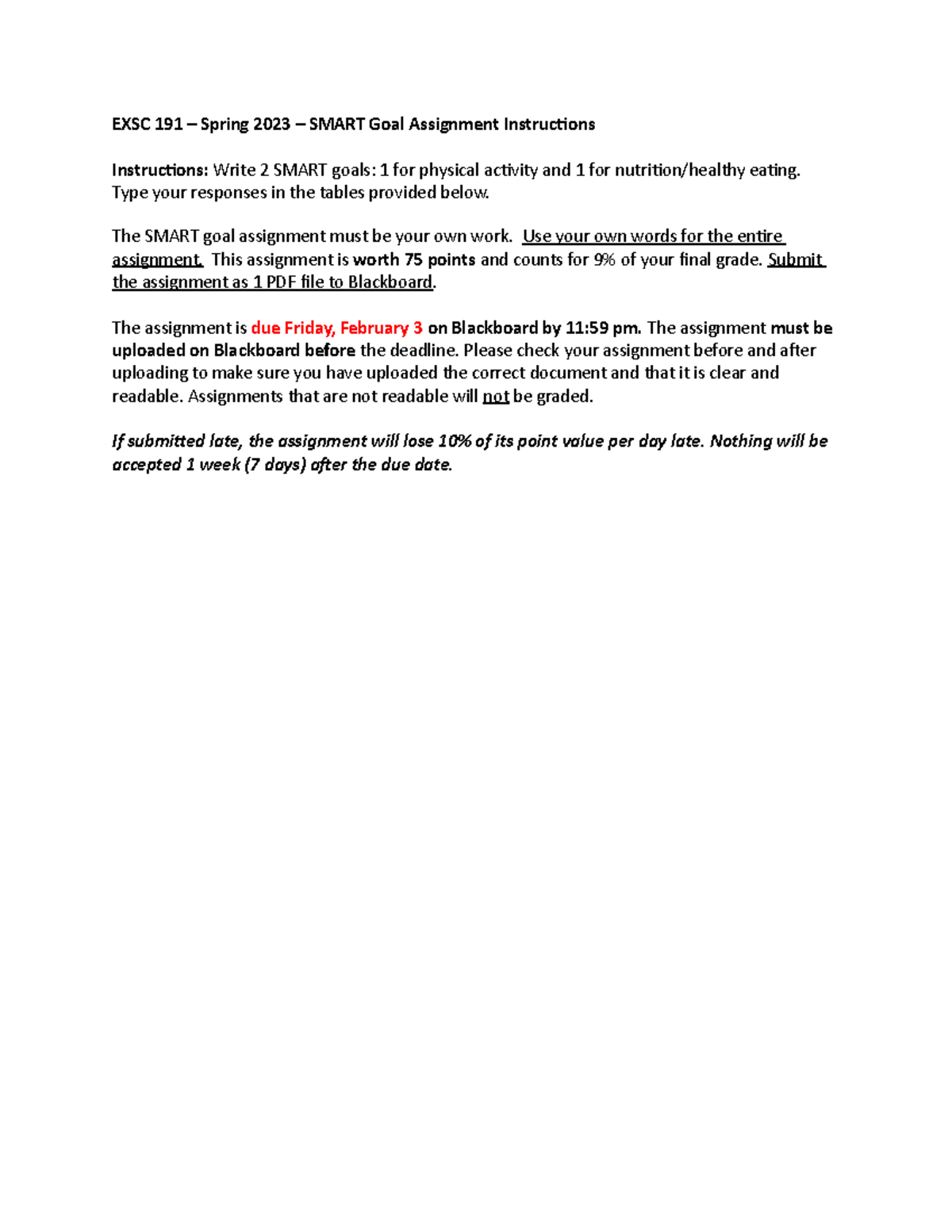 Smart Goal Assignment - EXSC 191 – Spring 2023 – SMART Goal Assignment ...