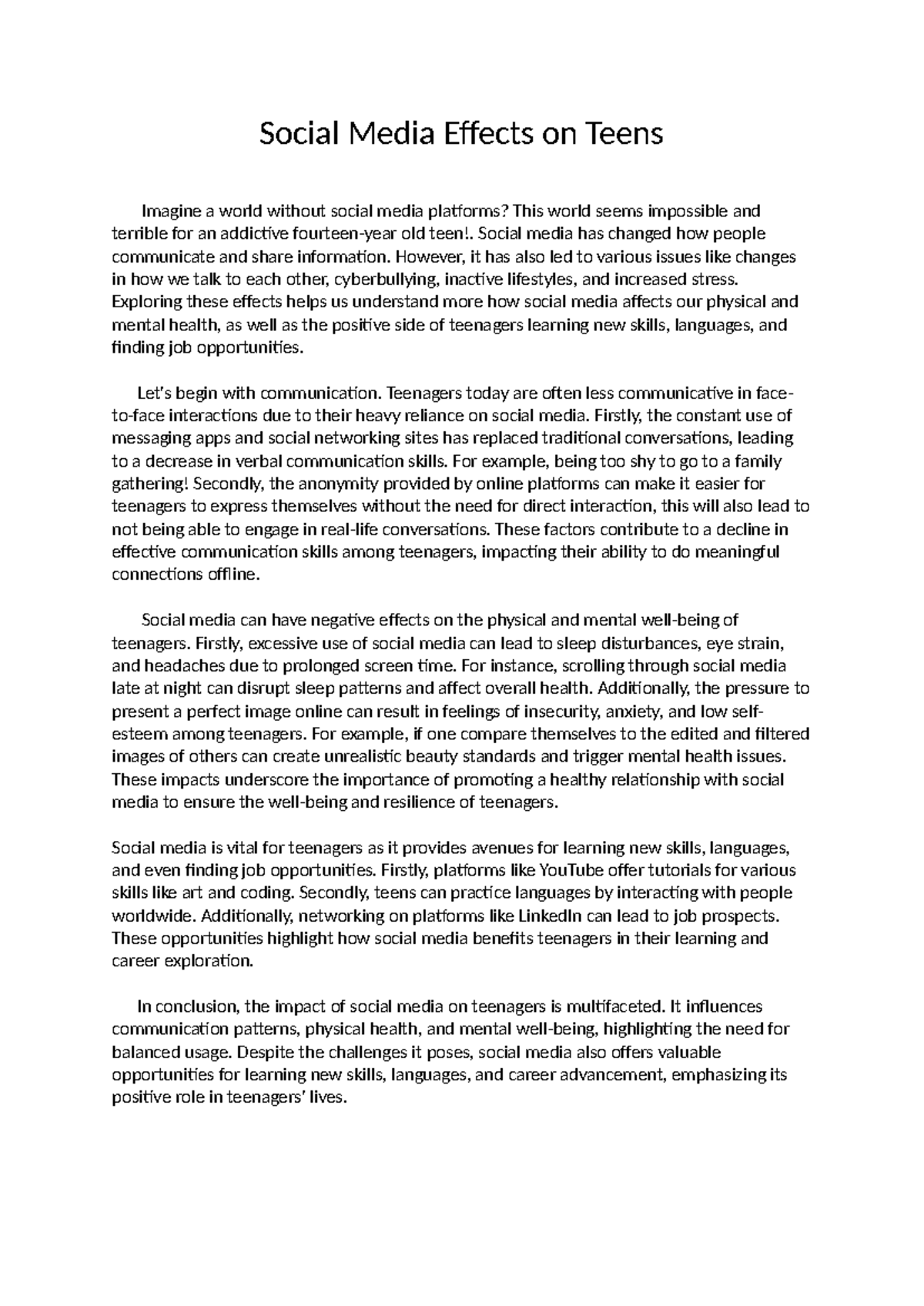 ALNOR UNİVERSİTEY - Social Media Effects on Teens Imagine a world ...