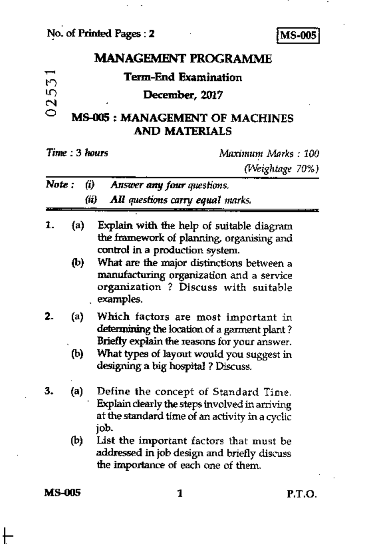Management machines - machinery papers - No. of Printed Pages : 2 I MS- t'r) N C lf) MANAGEMENT ...