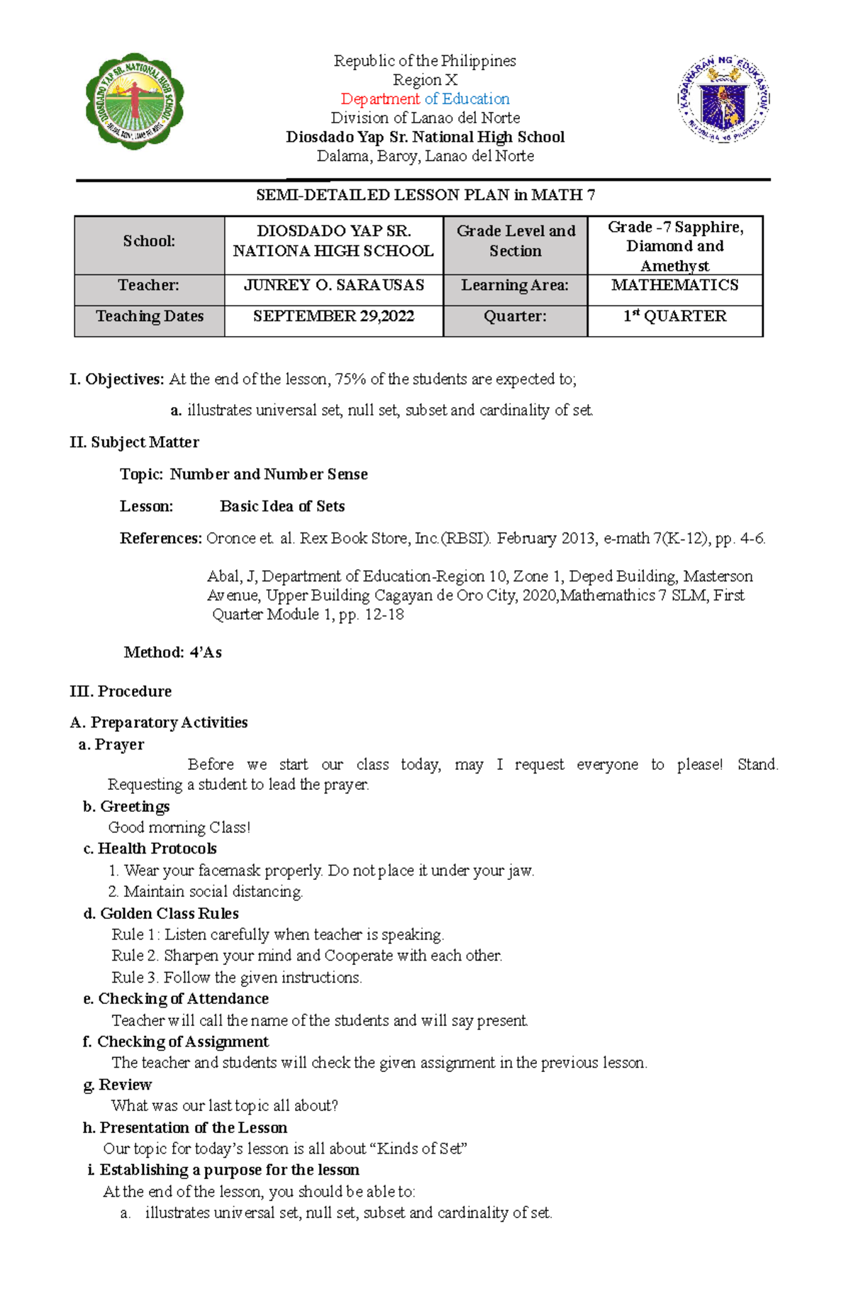 Grade 7 Math Lesson Plan Deped