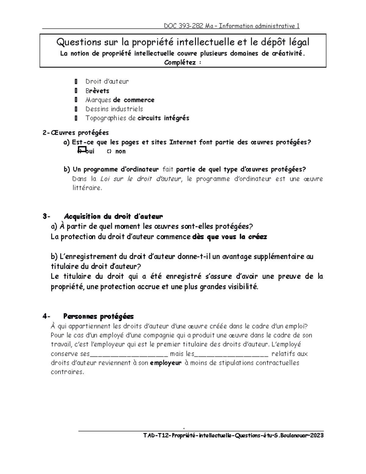 TAD T12 Propriété intellectuelle exercice 2023 - Questions sur la ...