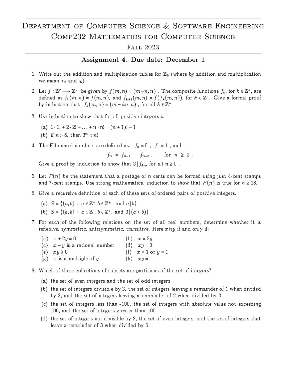 Assgn 4 - Department of Computer Science & Software Engineering Comp232 Mathematics for Computer ...