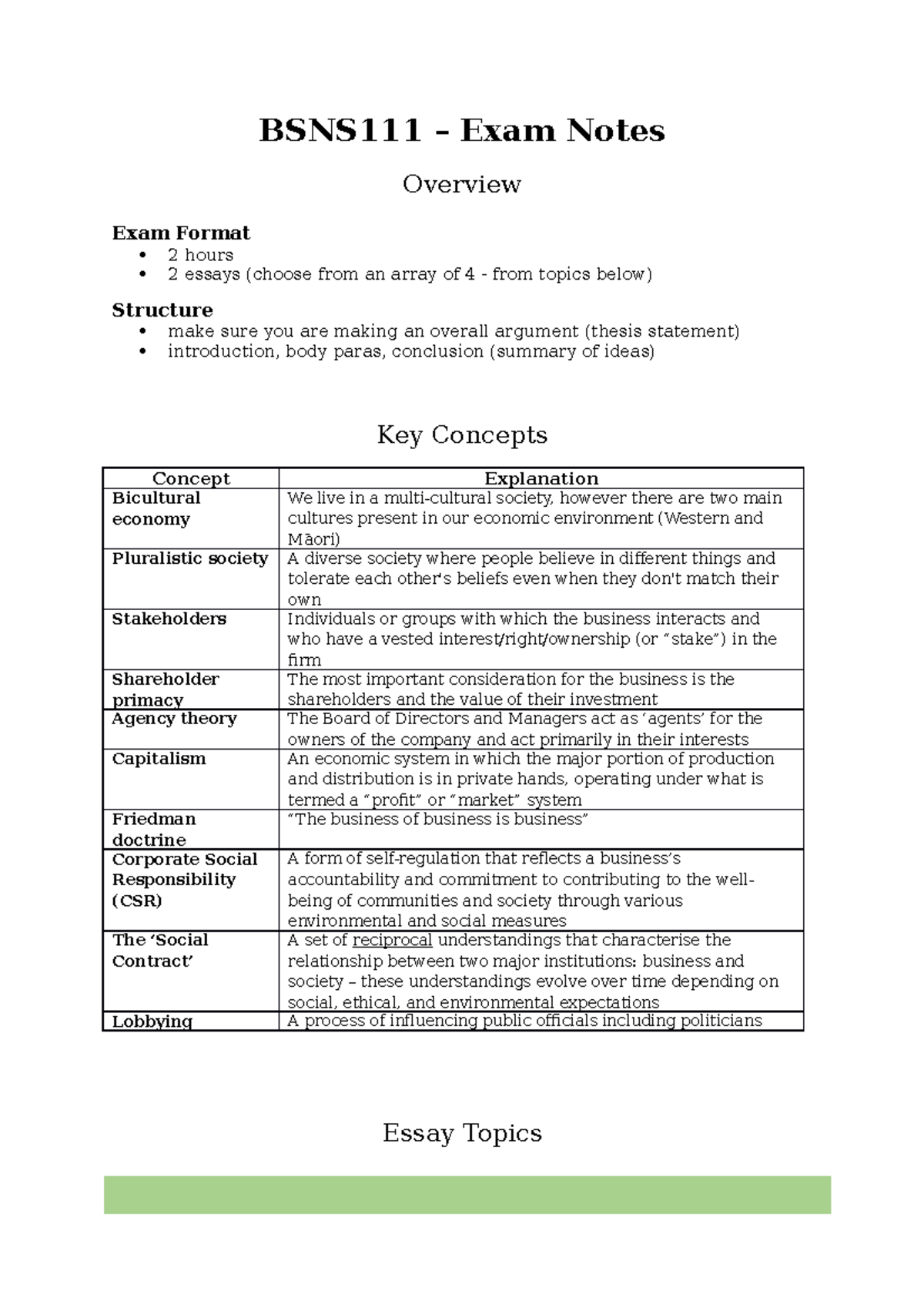 BSNS111 - Exam Notes - BSNS111 – Exam Notes Overview Exam Format 2 ...