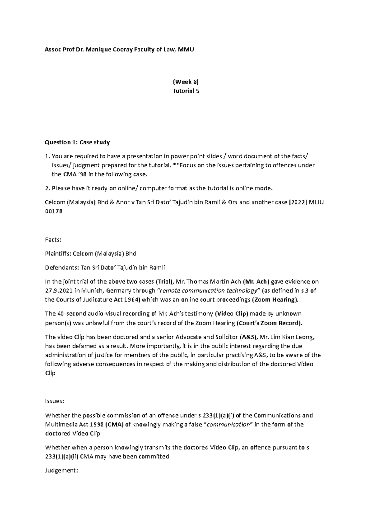 Tutorial 5 - snjs fds f sa sa sa. da s - Assoc Prof Dr. Manique Cooray ...