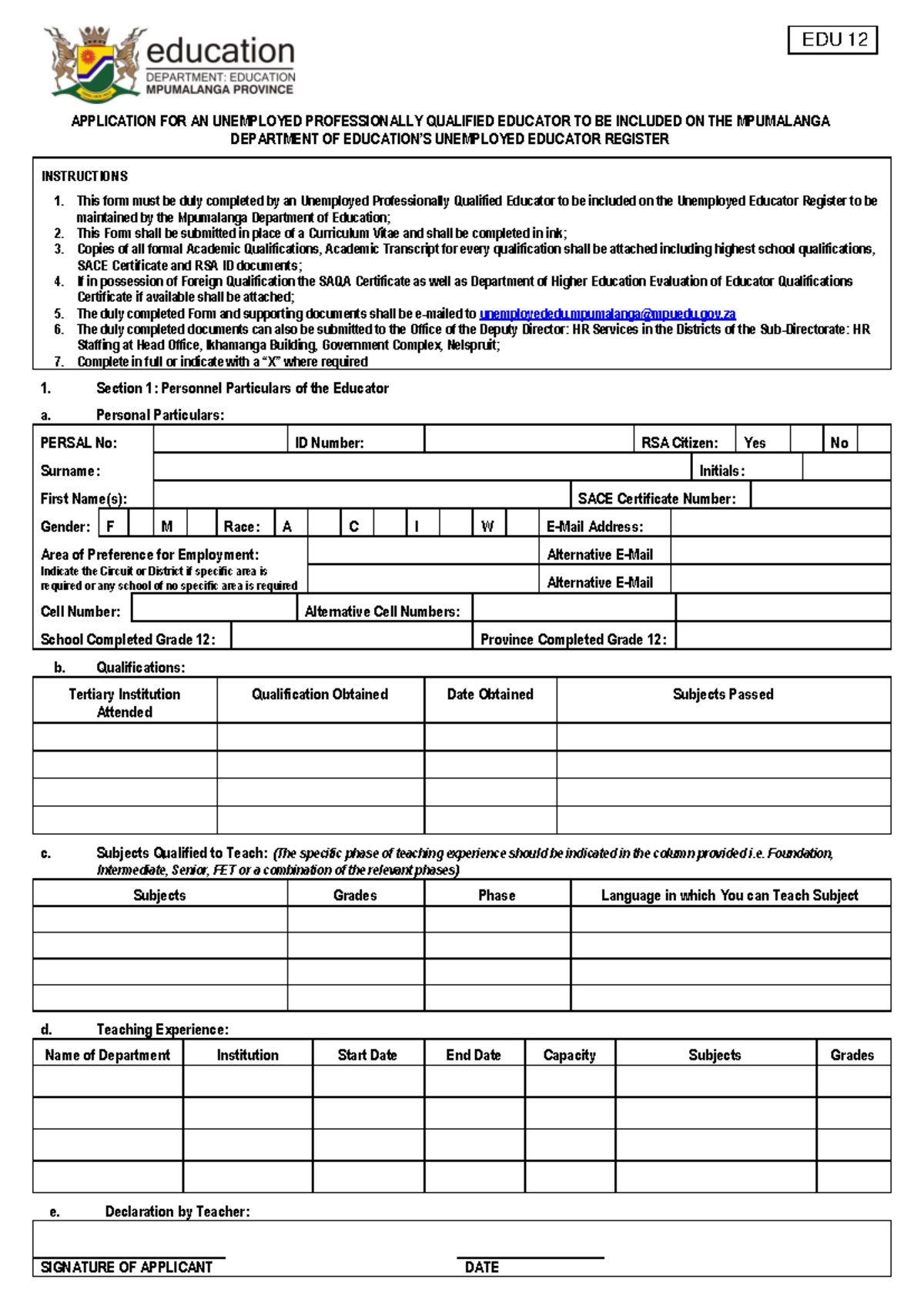 EDU 12 Application for an Un Enployed Educator to Register on the Un ...