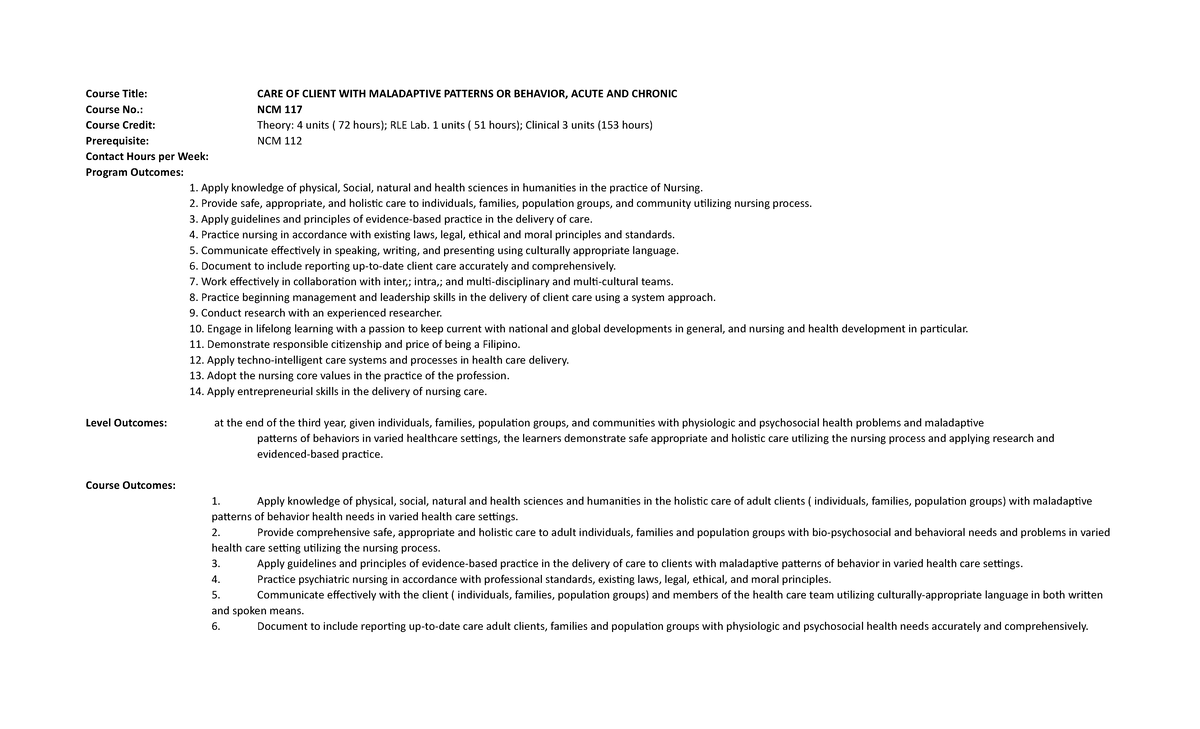 NCM-117 - syllabus - Course Title: CARE OF CLIENT WITH MALADAPTIVE ...