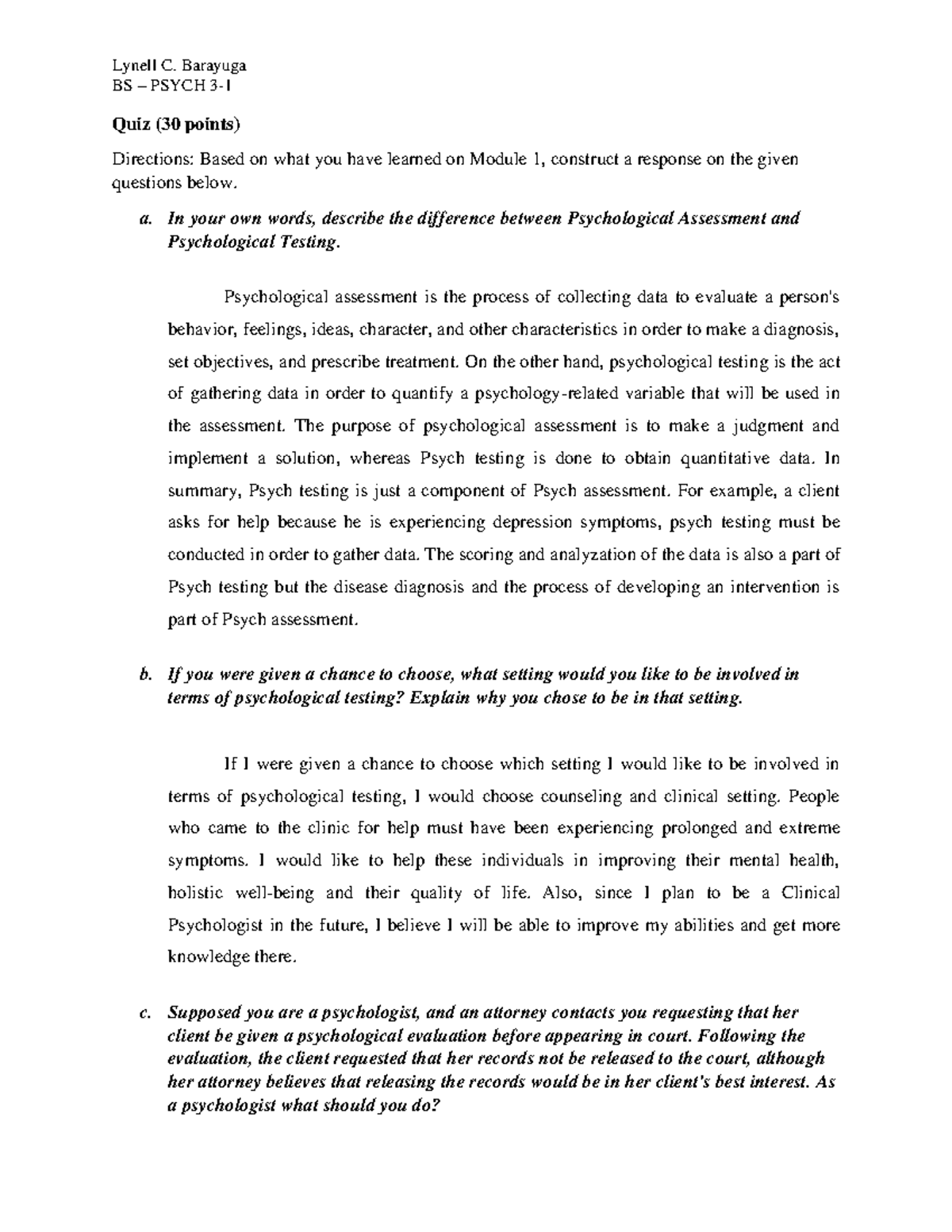 Module 1 Quiz - Quiz questions and answers about psychological ...