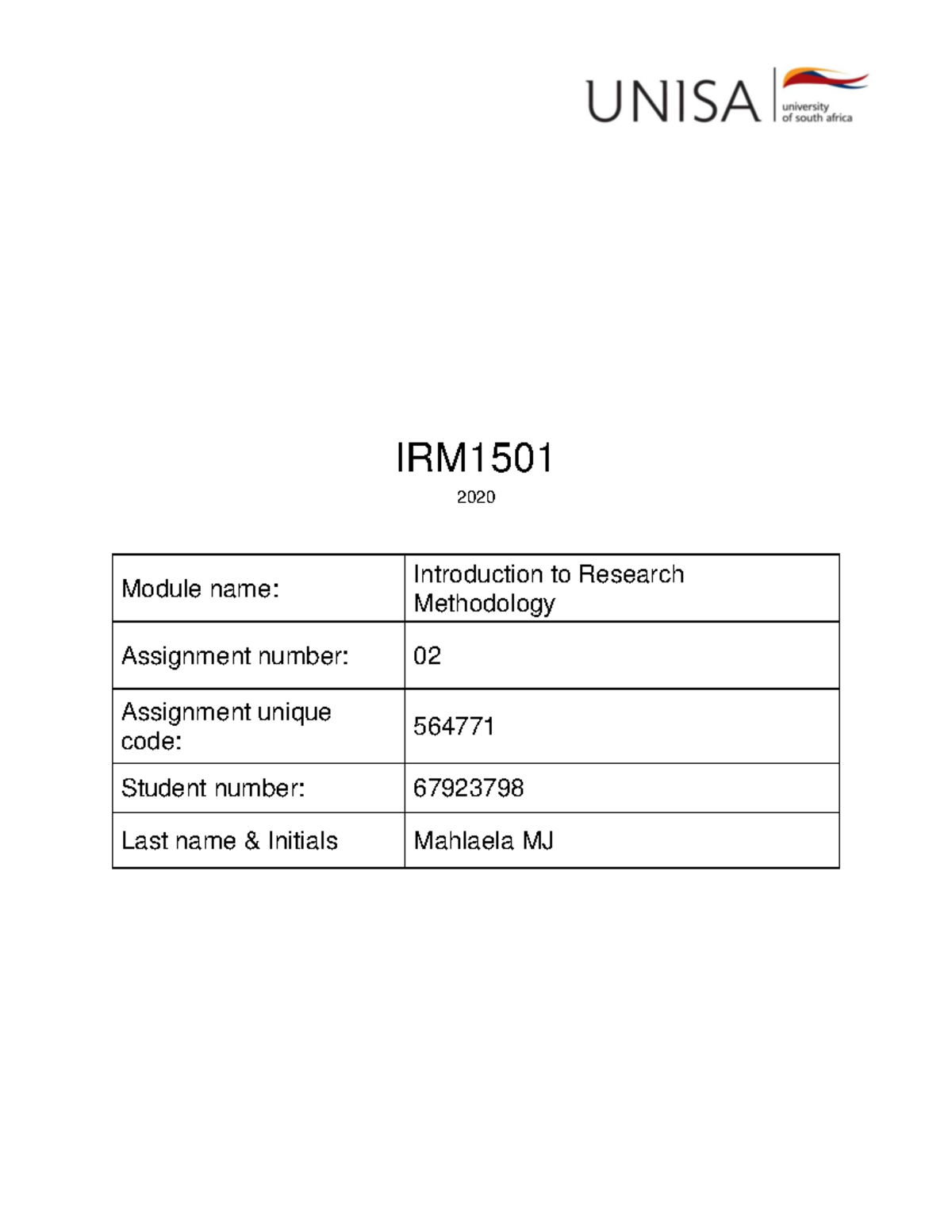 IRM1501 - Assignment 02 - IRM 2020 Module name: Introduction to ...
