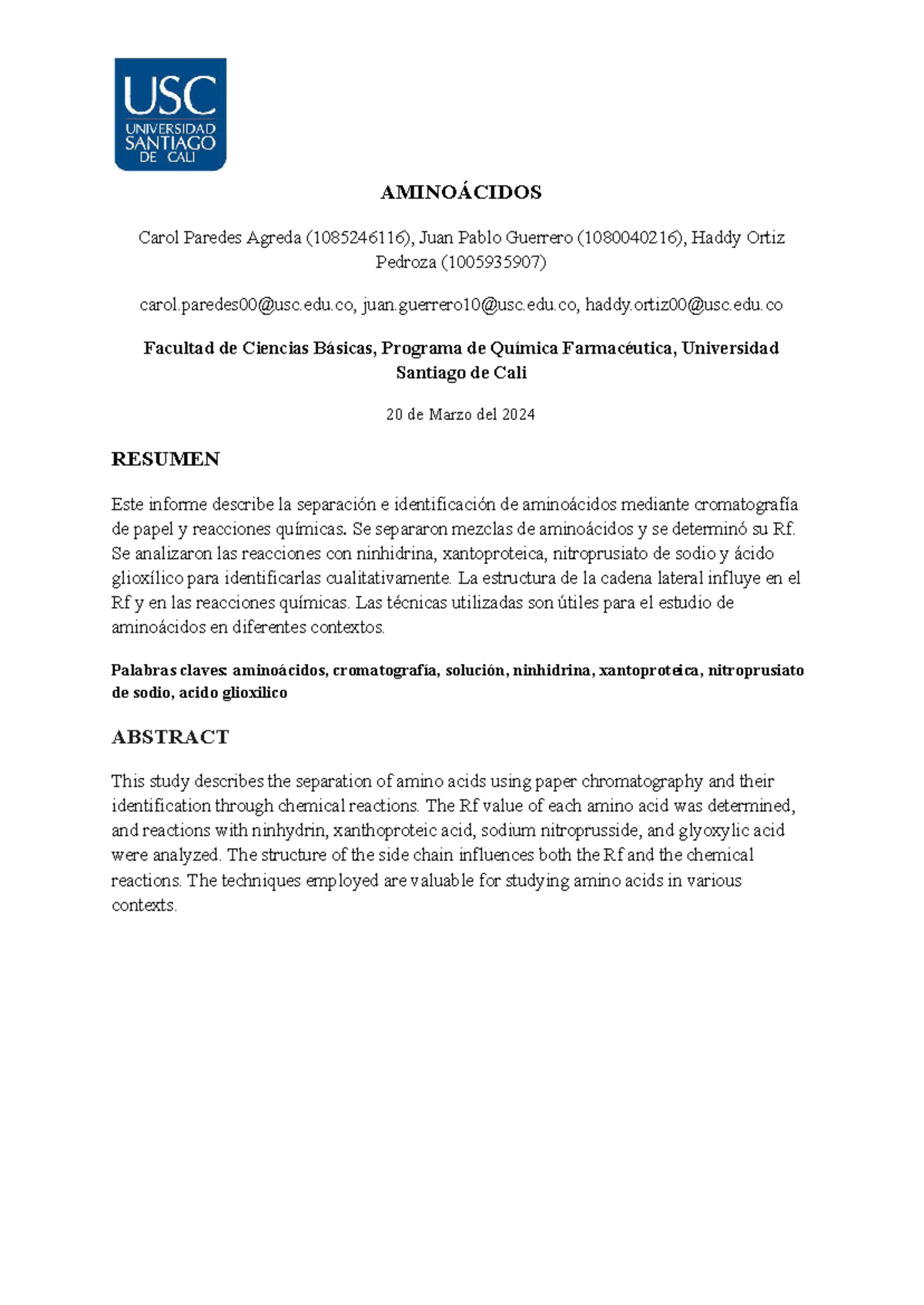 Lboratorio DE Aminoácidos - AMINOÁCIDOS Carol Paredes Agreda ...