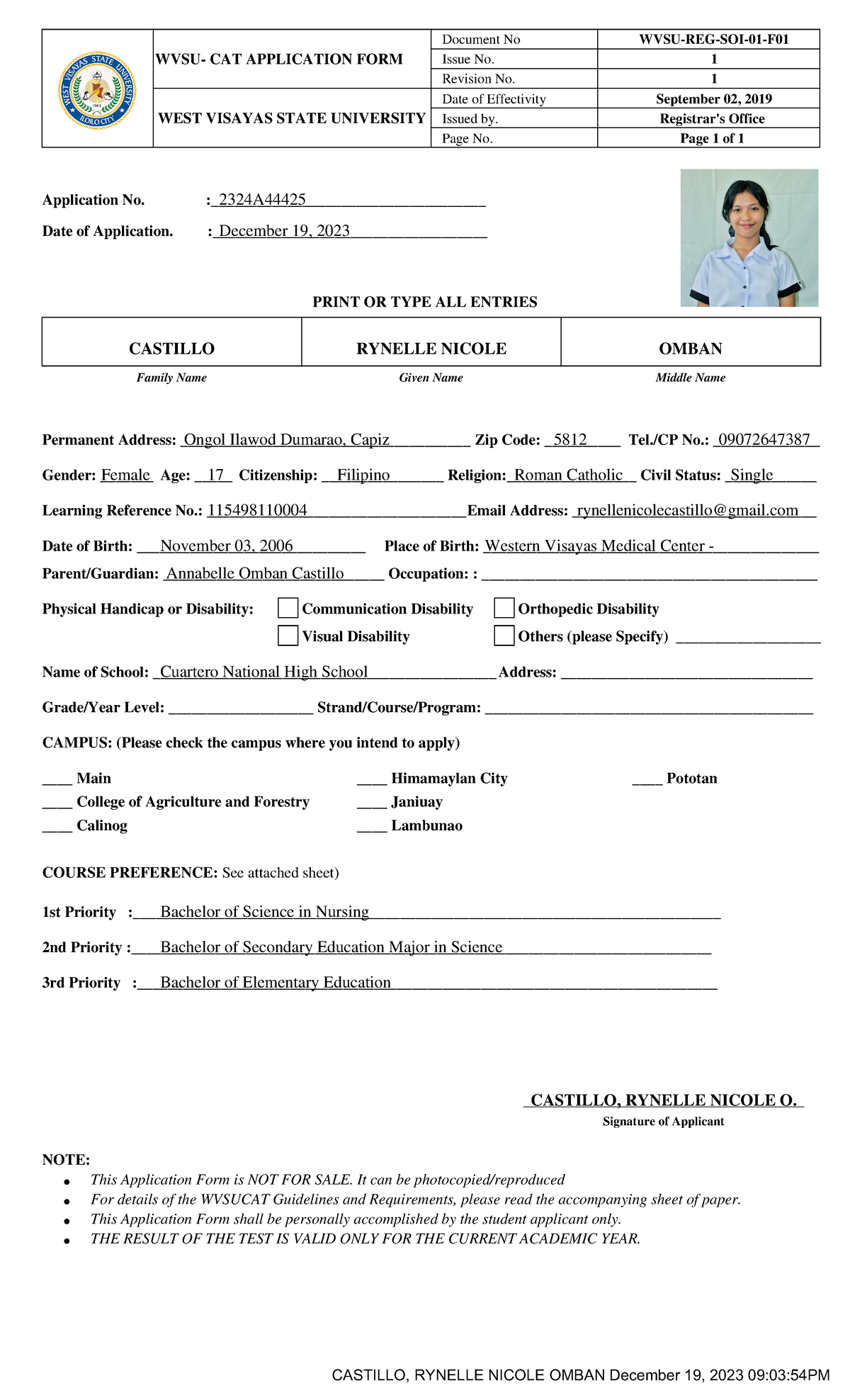 2324A44425 Castillo Rynelle Nicole Omban 1 - WVSU- CAT APPLICATION FORM Revision No. Issue No ...