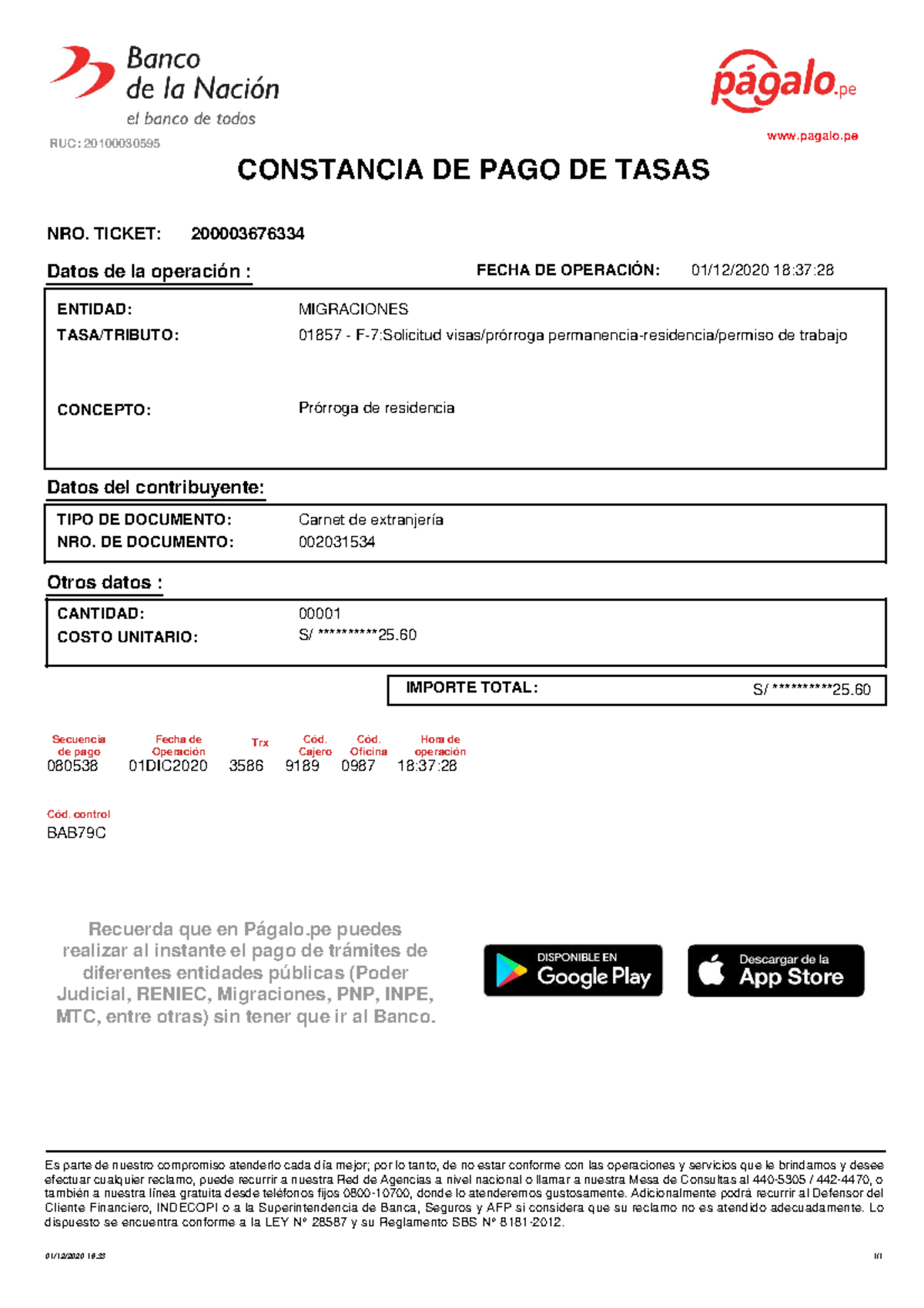 Pago gianfranco - dededede - CONSTANCIA DE PAGO DE TASAS RUC: 20100030595 pagalo FECHA DE ...