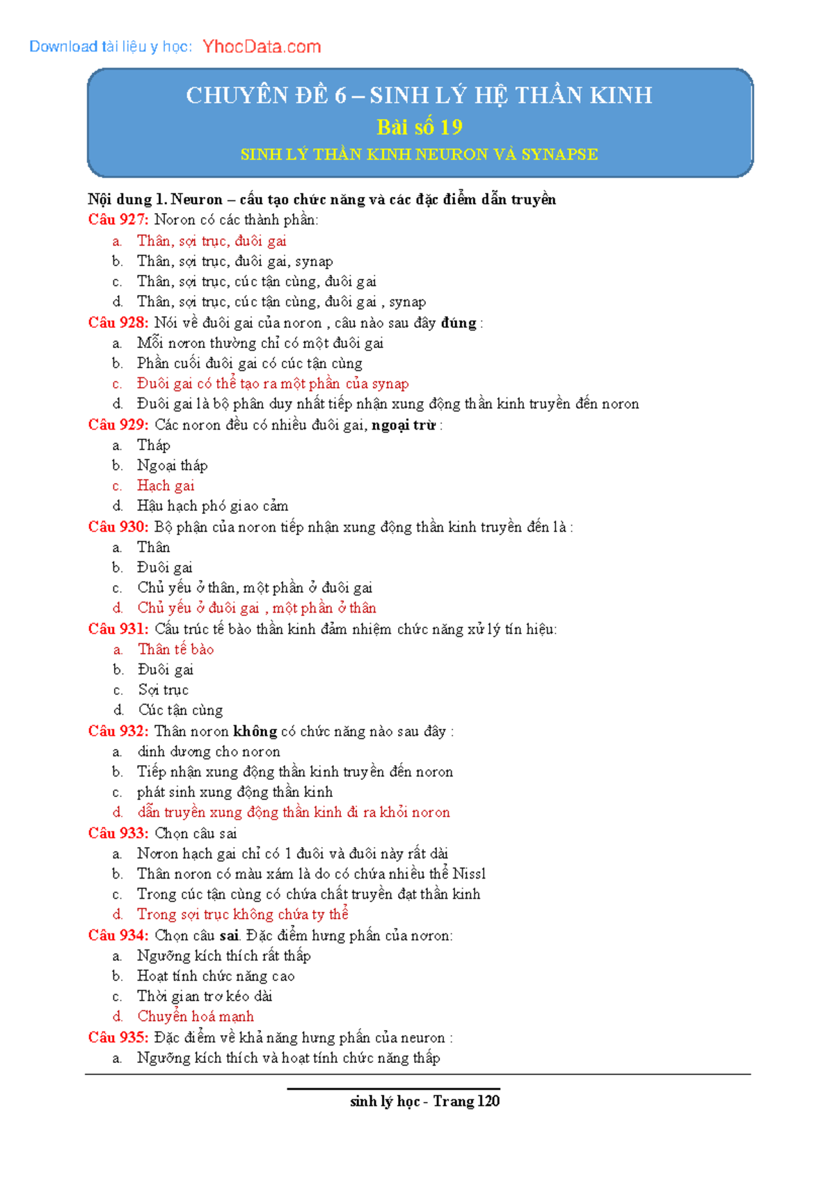 Trắc nghiệm sinh lí (bai 19) - Nßi dung 1. Neuron – c¿u t¿o chÿc n ng và các ¿c ißm d¿n truyßn ...