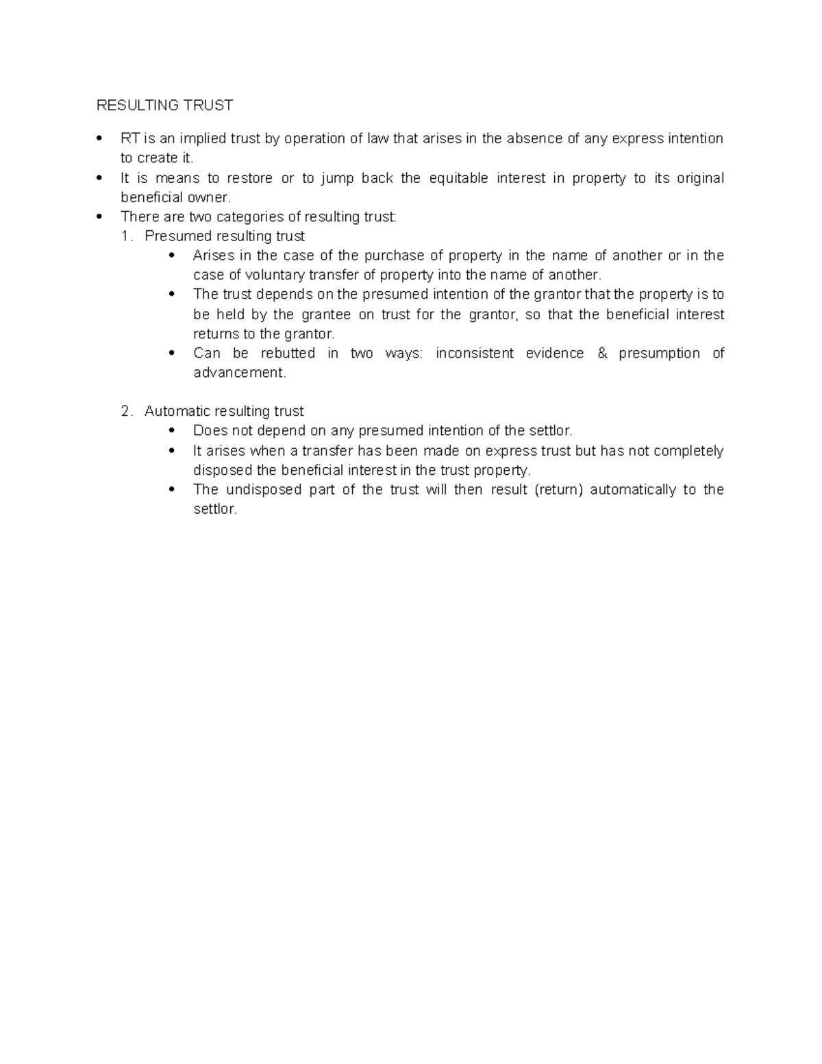 Resulting Trust - RESULTING TRUST RT is an implied trust by operation ...