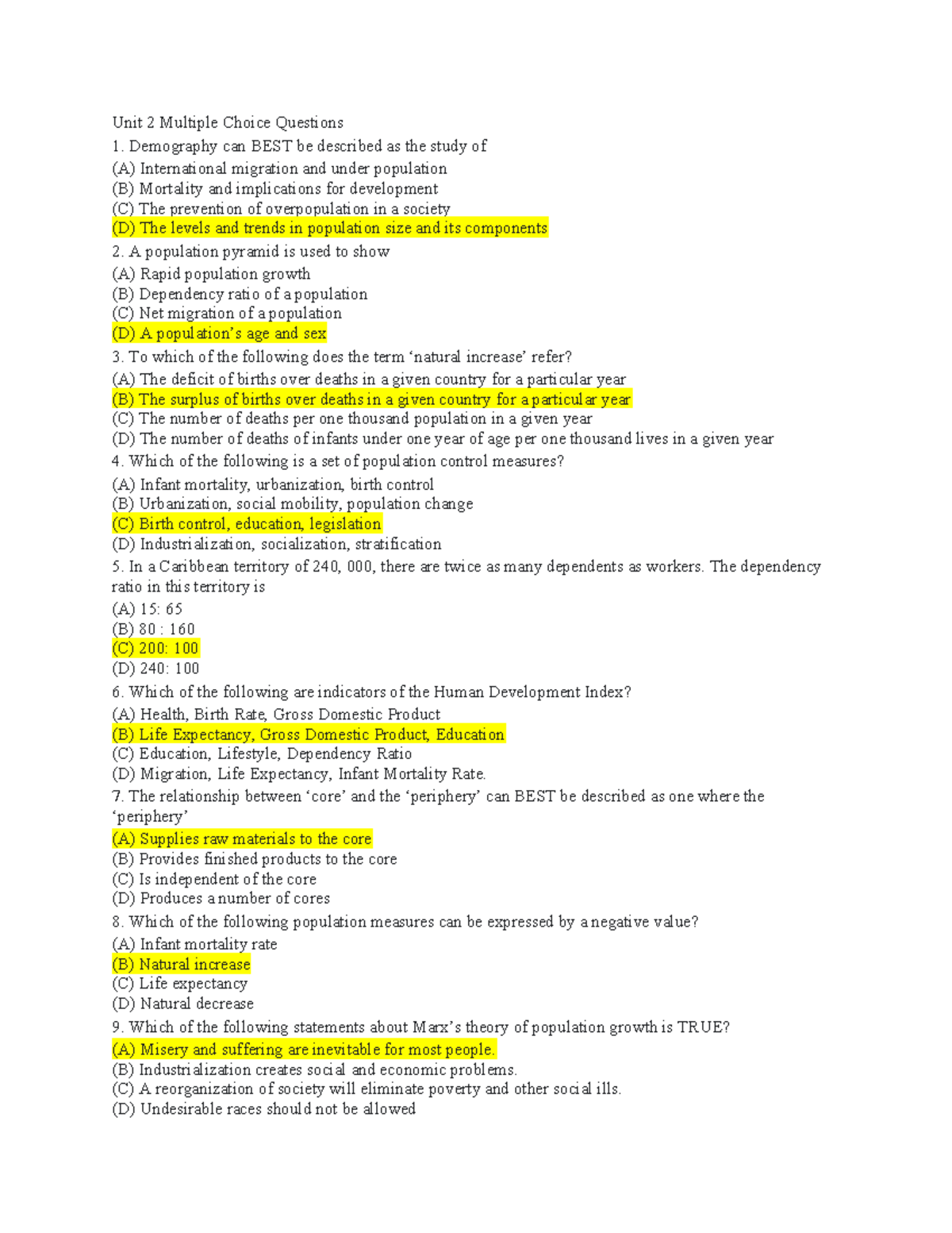 Socio Unit 2 Multiple Choice Questions - Unit 2 Multiple Choice ...