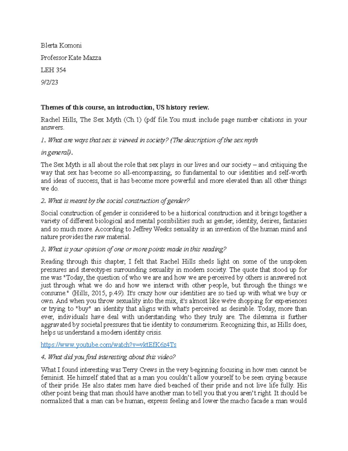 Study guide 1 F23 - hOMEWORK - Blerta Komoni Professor Kate Mazza LEH ...