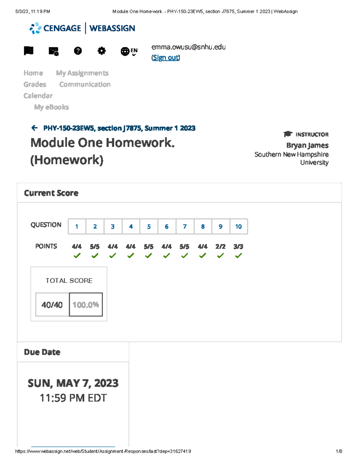 Module One Homework. - PHY-150-23EW5, section J7875, Summer 1 2023 Web ...
