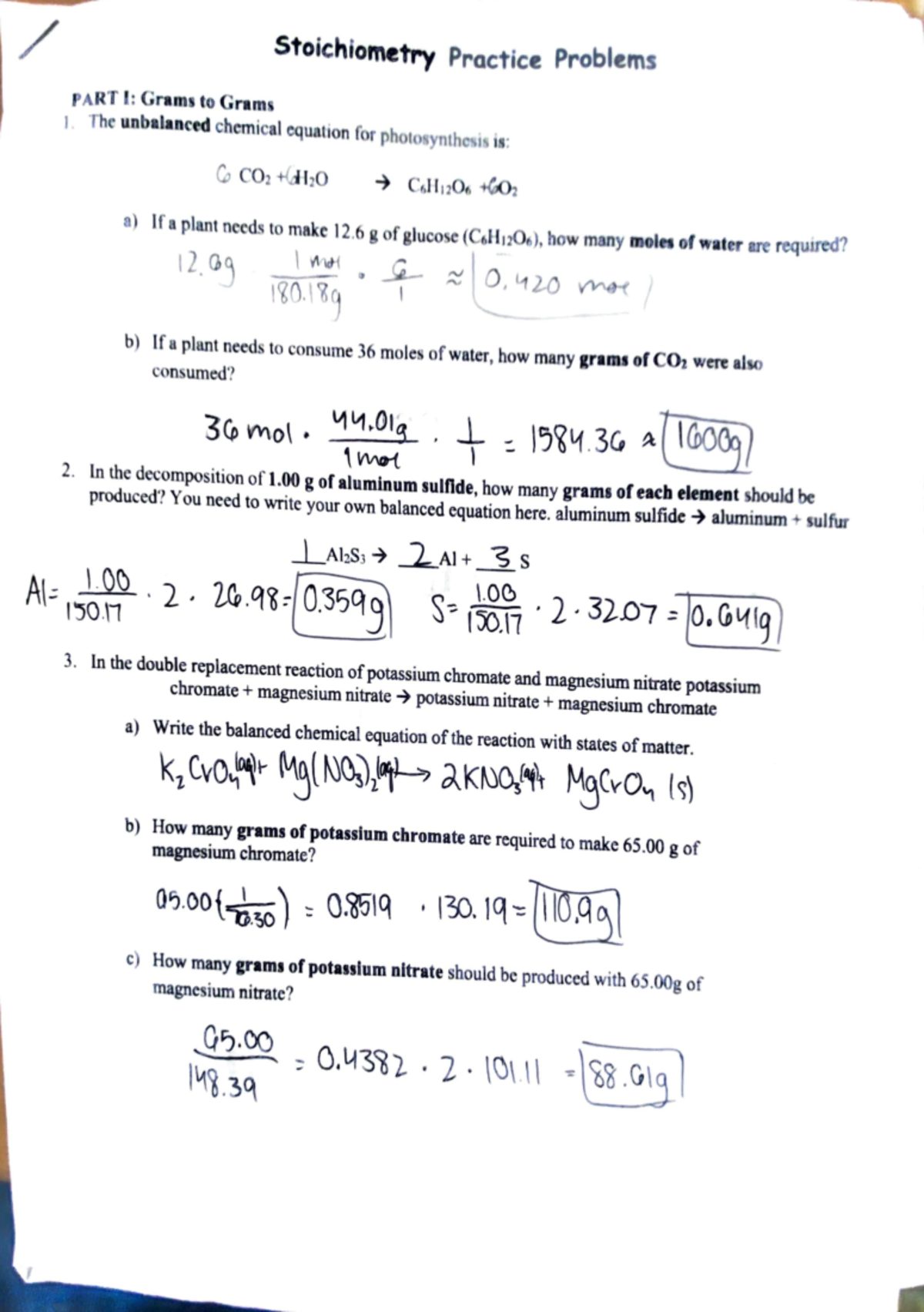 Stoichiometry Practice Problems - O~ I ~·1