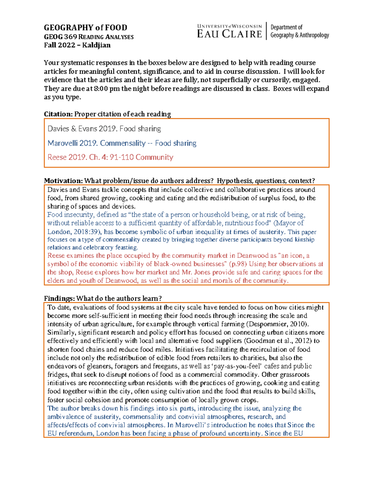 Reading Response F22-1 - GEOGRAPHY of FOOD GEOG 369 READING ANALYSES ...