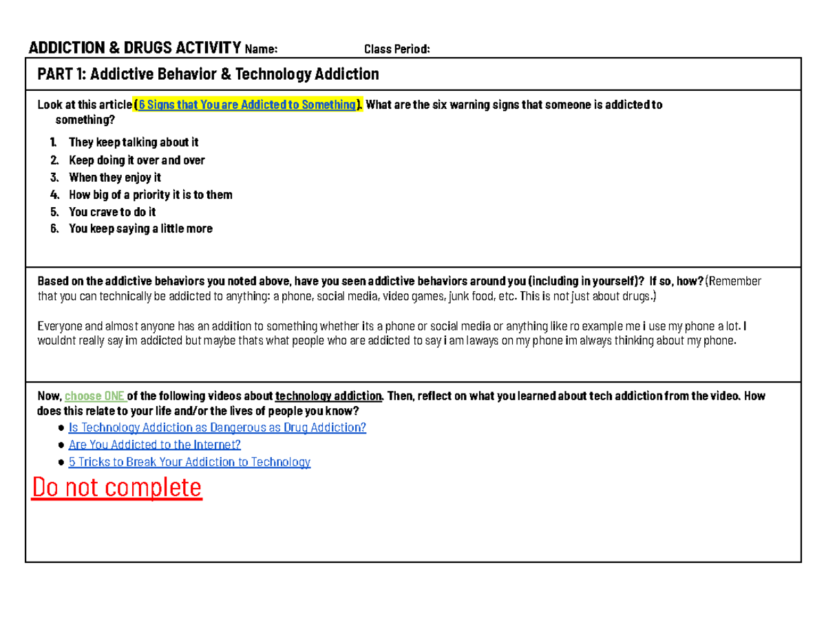 Copy of Addiction & Drugs Activity - ADDICTION & DRUGS ACTIVITY Name ...