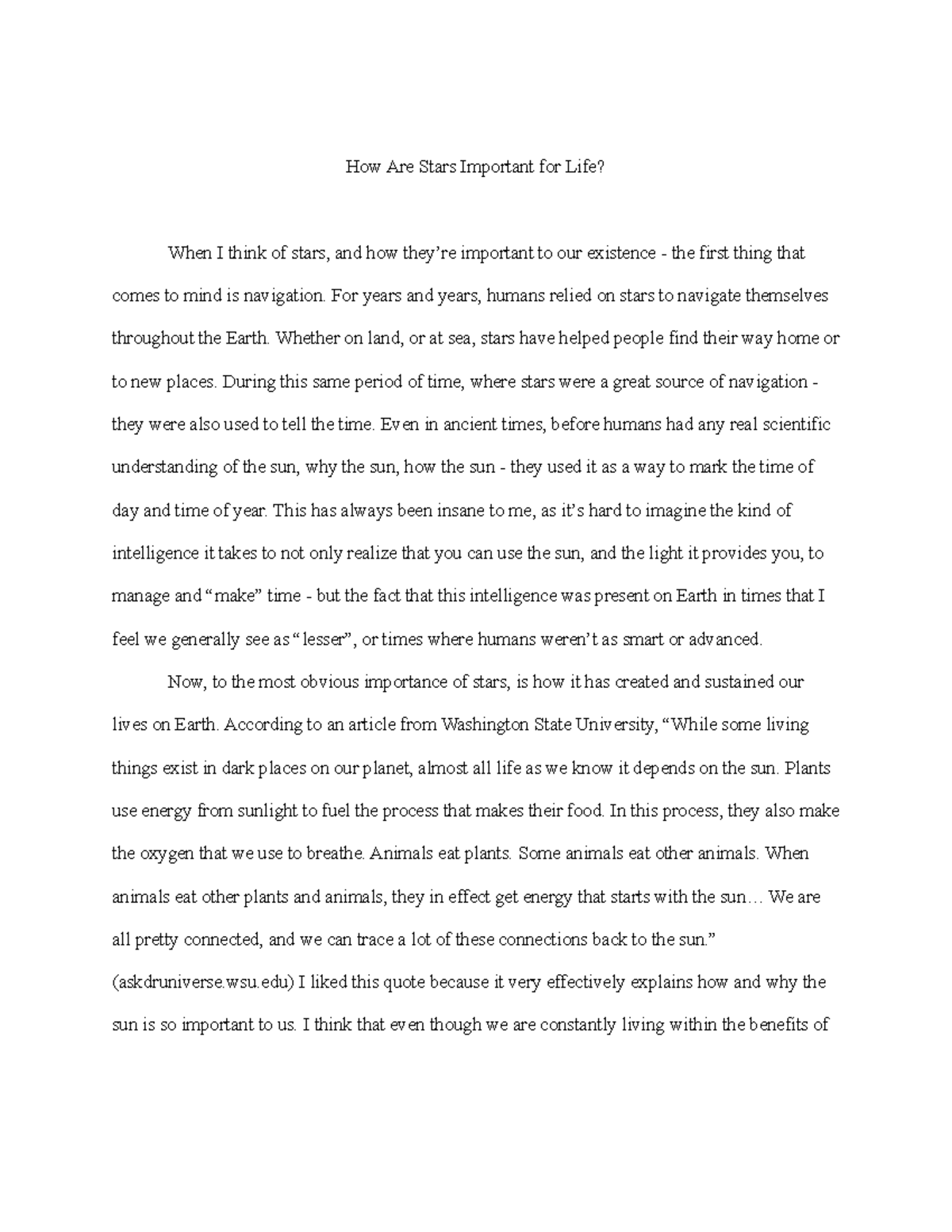 Final - How Are Stars Important for Life? When I think of stars, and ...