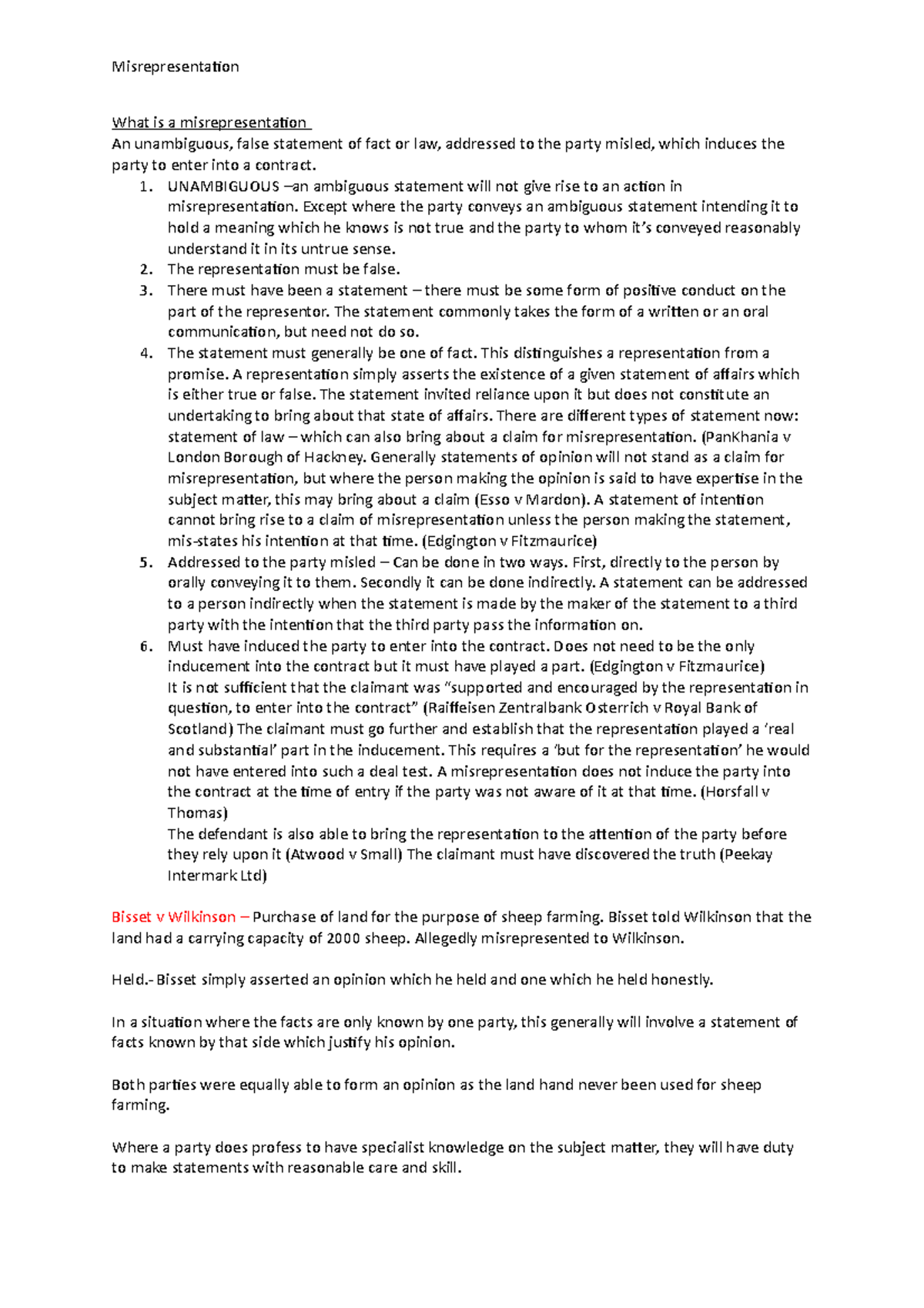 Misrepresentation - Misrep. notes - What is a misrepresentation An ...