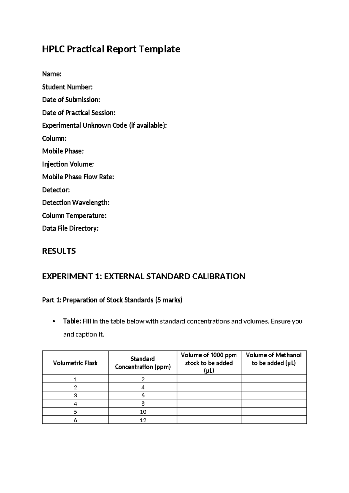HPLC Practical Report Template 2024 - HPLC Practical Report Template Name: Student Number: Date ...