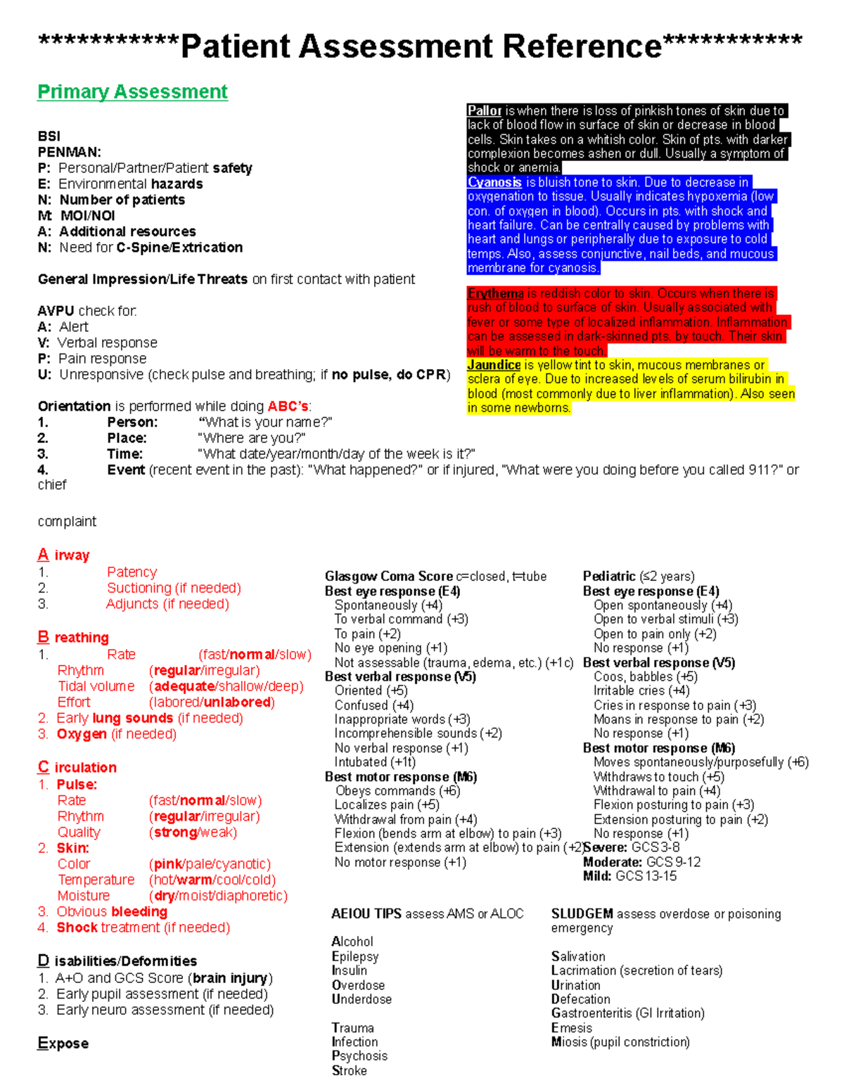 Patient Assessment Reference by me - Patient Assessment Reference ...
