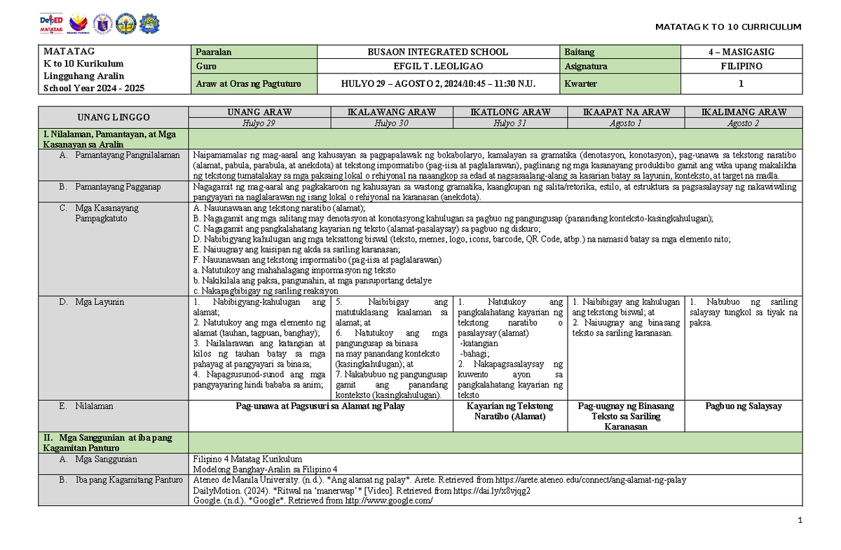 FIL4 WK1 - Filipino Daily Lesson Log Matatag - MATATAG K TO 10 ...