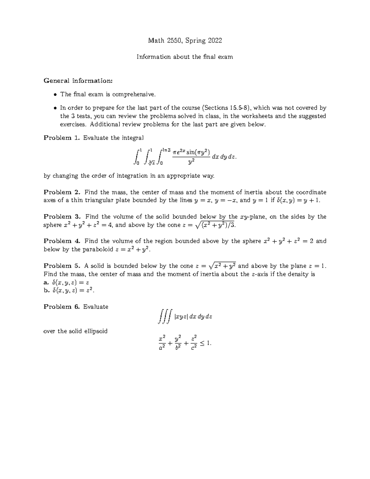 Math 2550 Review 4 Study Guide Math 2550 Spring 2022 Information