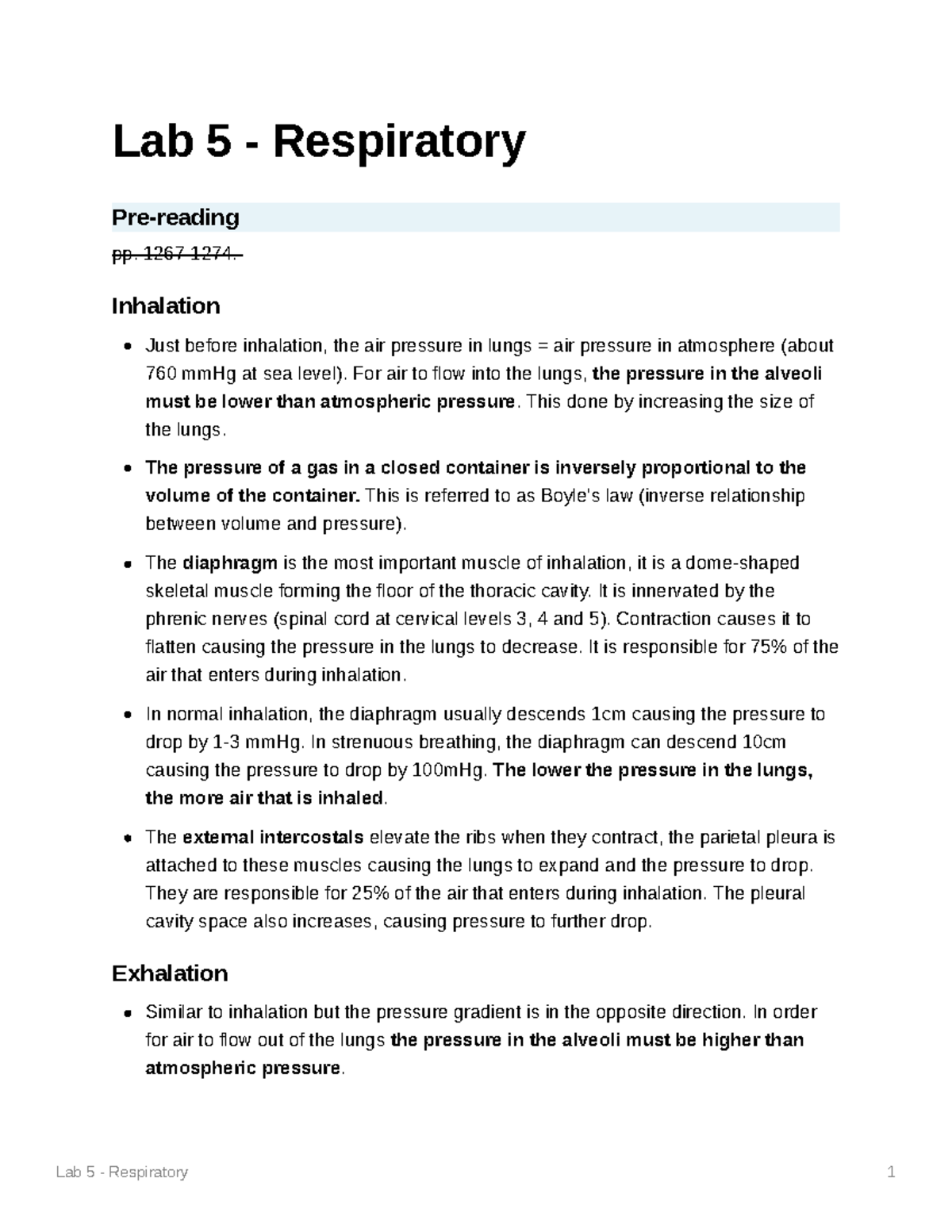 Lab 5 - Respiratory - Lab 5 - Respiratory Pre-reading pp. 1267-1274 ...