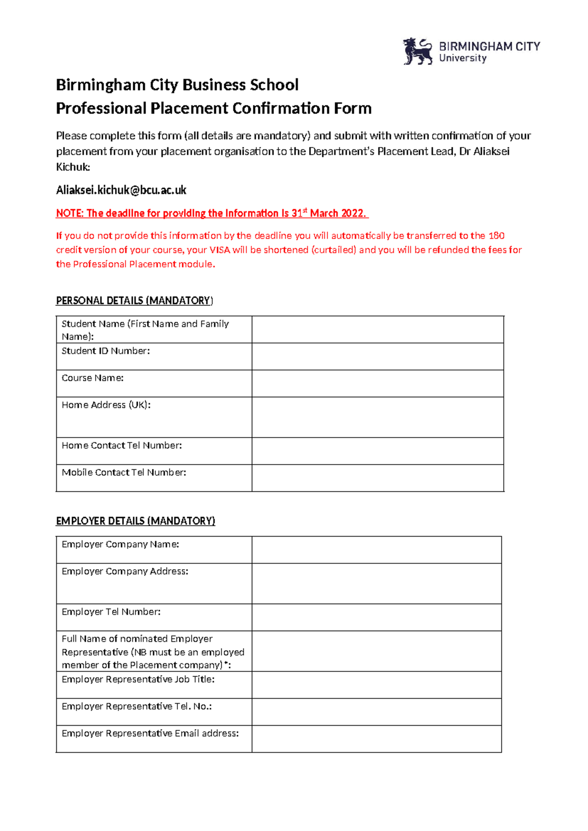 IMBA placement confirmation form 2022 - Birmingham City Business School ...