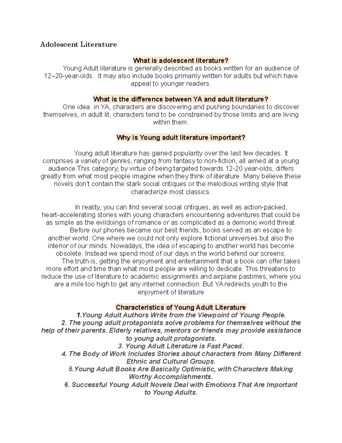 Adolescent Literature note1 - Adolescent Literature What is adolescent ...