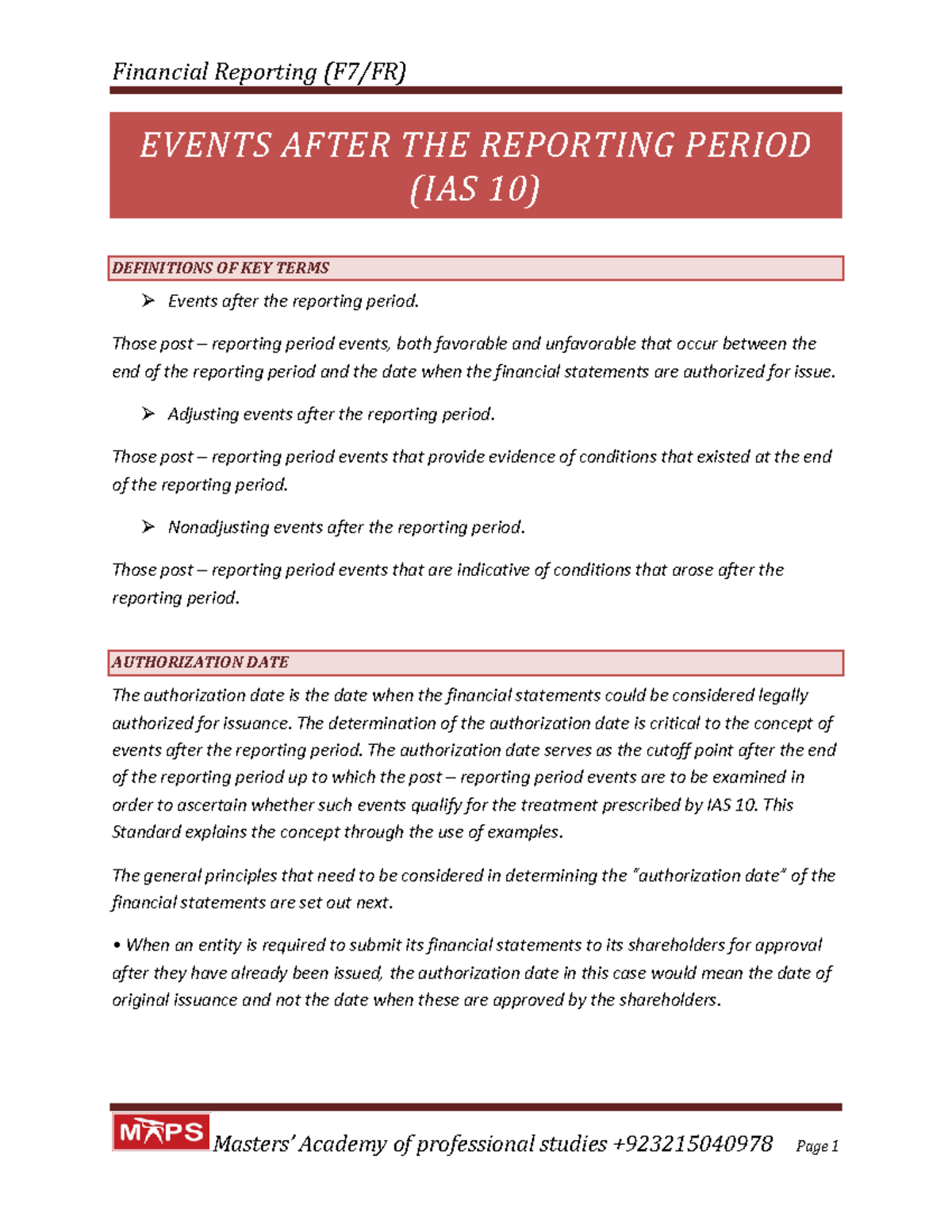 IAS 10 events after reporting period F7 - EVENTS AFTER THE REPORTING ...
