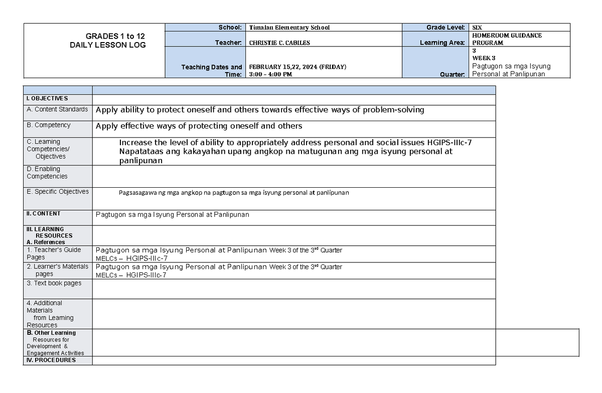 DLL HGP Quarter 3 Gr - GRADES 1 to 12 DAILY LESSON LOG School: Timalan ...