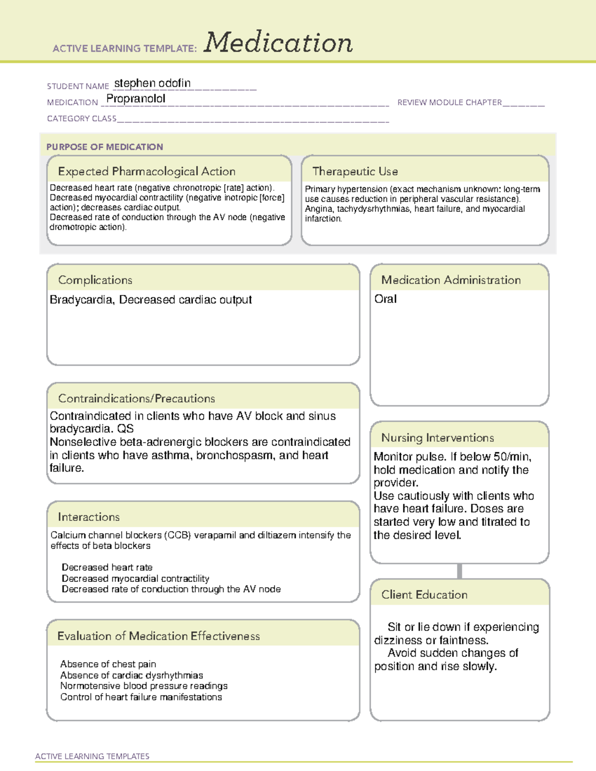 Propanolol - ACTIVE LEARNING TEMPLATES Medication STUDENT NAME