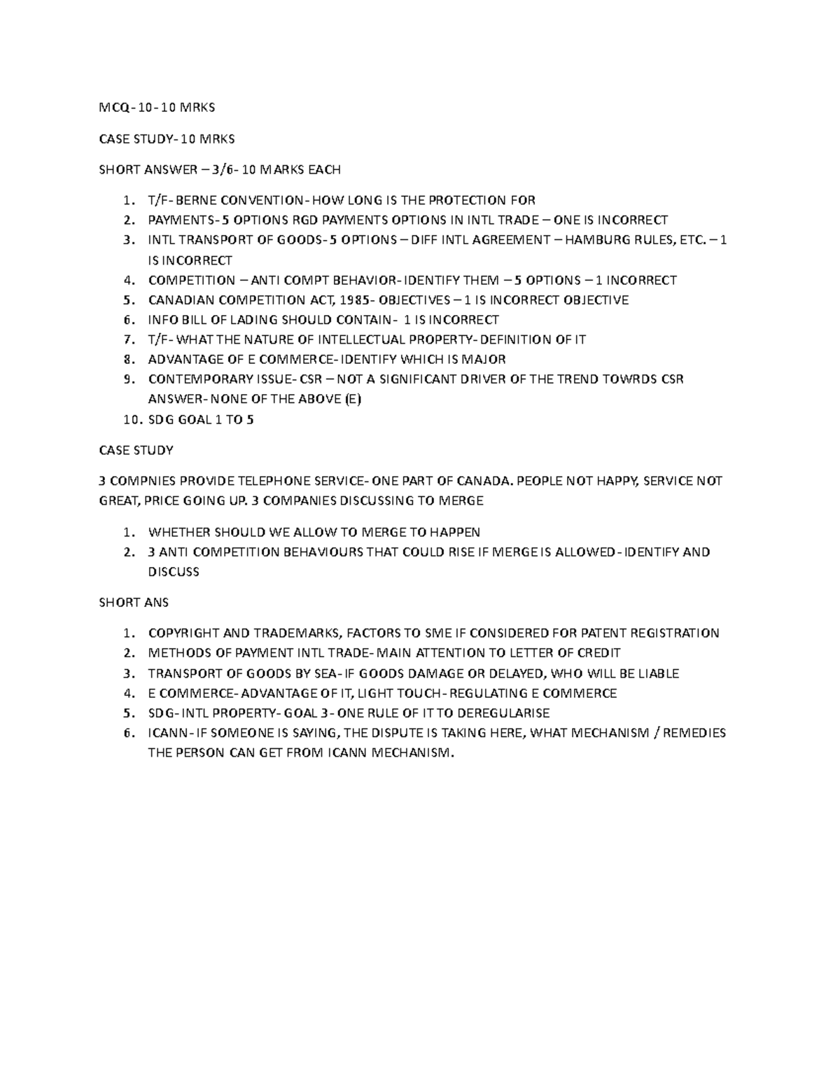 LAW Questions - notes - MCQ- 10- 10 MRKS CASE STUDY- 10 MRKS SHORT ...