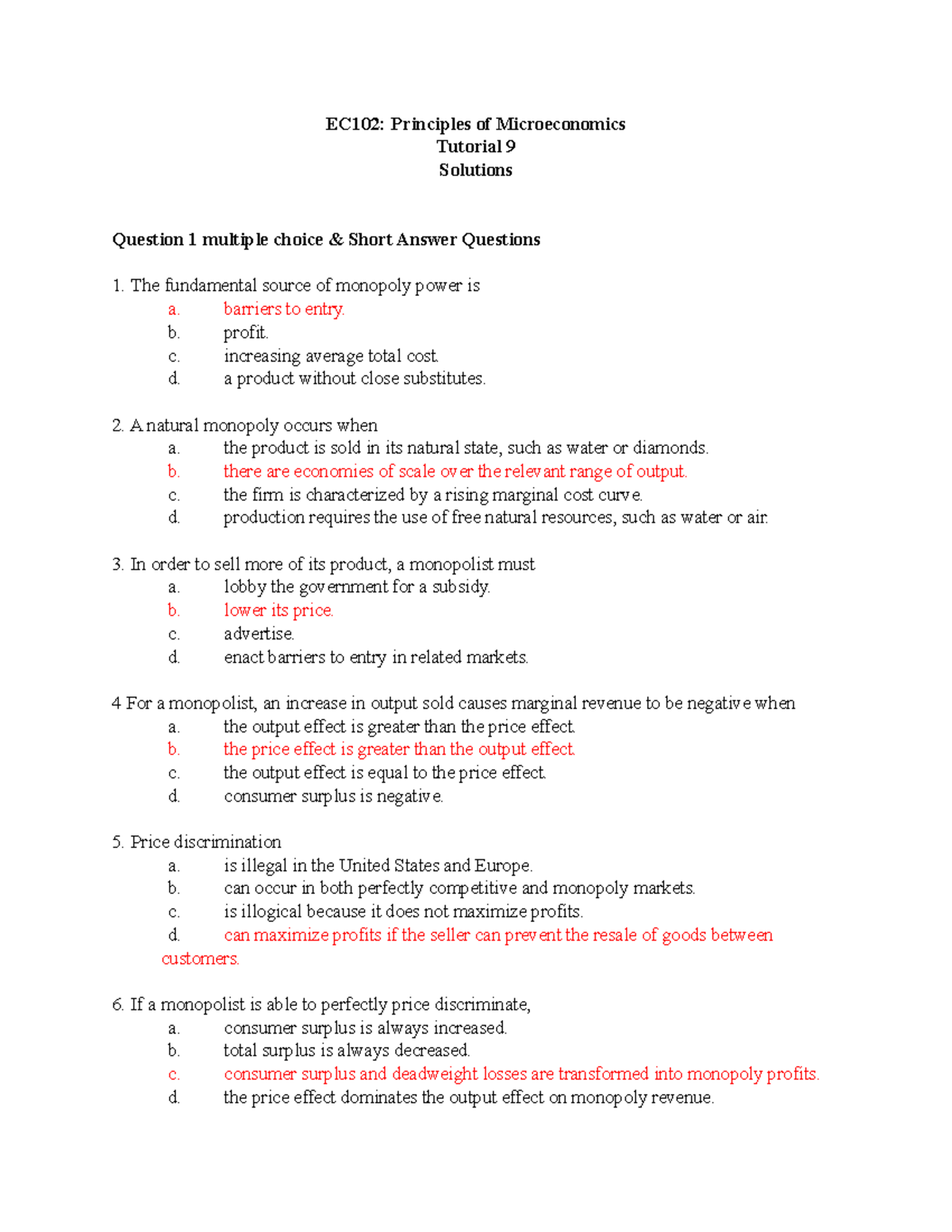 EC102 Tutorial 9 Solution - EC102: Principles of Microeconomics Tutorial 9 Solutions Question 1 ...