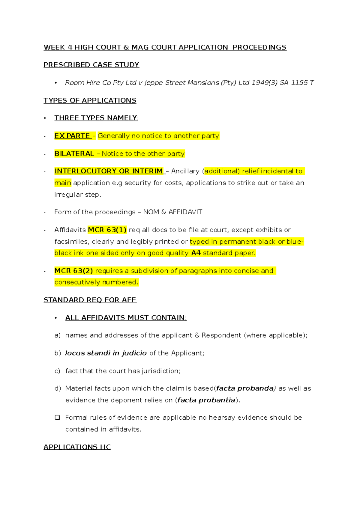 WEEK 4 HIGH Court - Lecture notes 4 - WEEK 4 HIGH COURT & MAG COURT ...