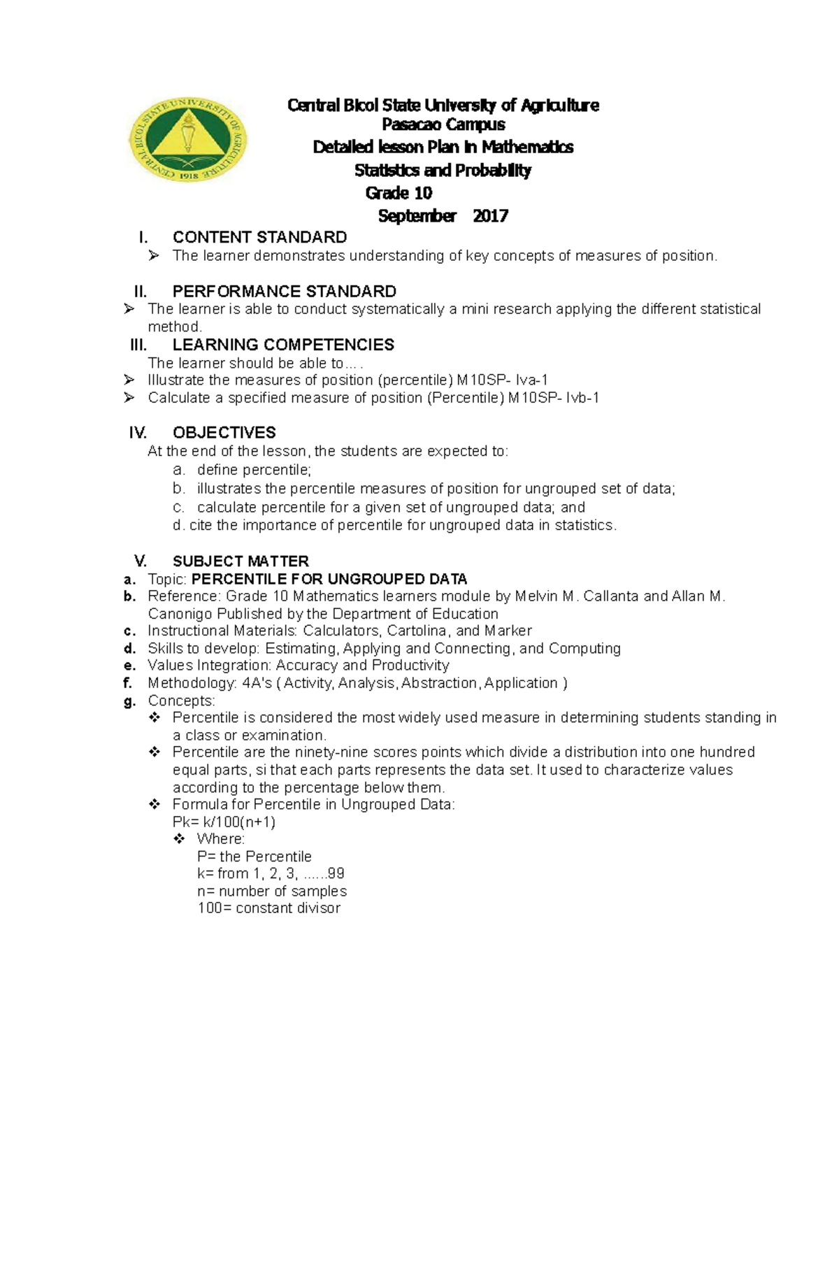 Grade 10 ''THE Percentile FOR Ungrouped DATA'' - Central Bicol State ...