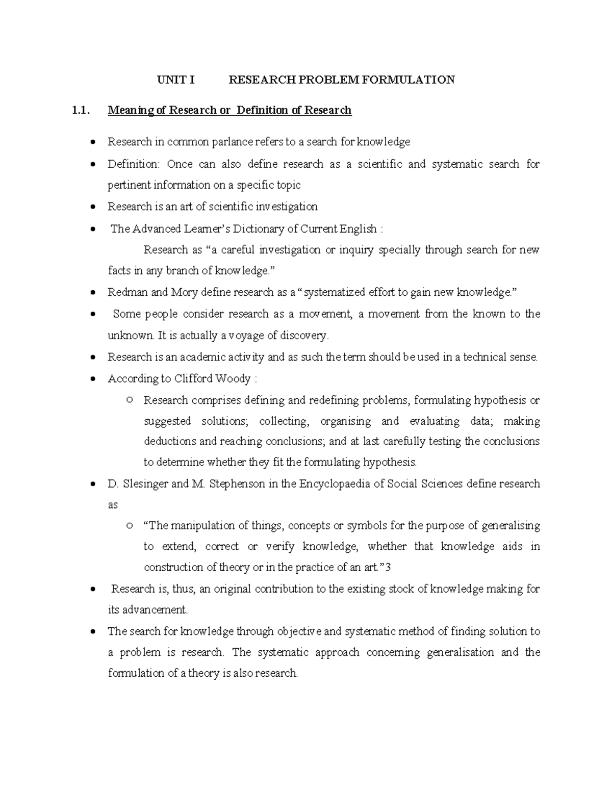Unit 1 - UNIT I RESEARCH PROBLEM FORMULATION Meaning of Research or ...